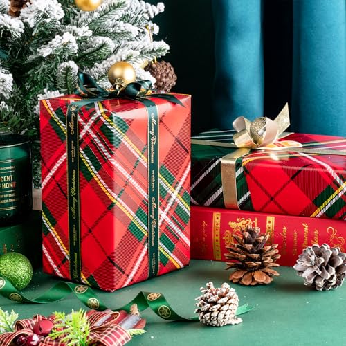 LeZakaa Reversible Christmas Wrapping Paper - Jumbo Roll - Green & Red Plaid - 24 inches x 100 Feet (200 sq.ft.)