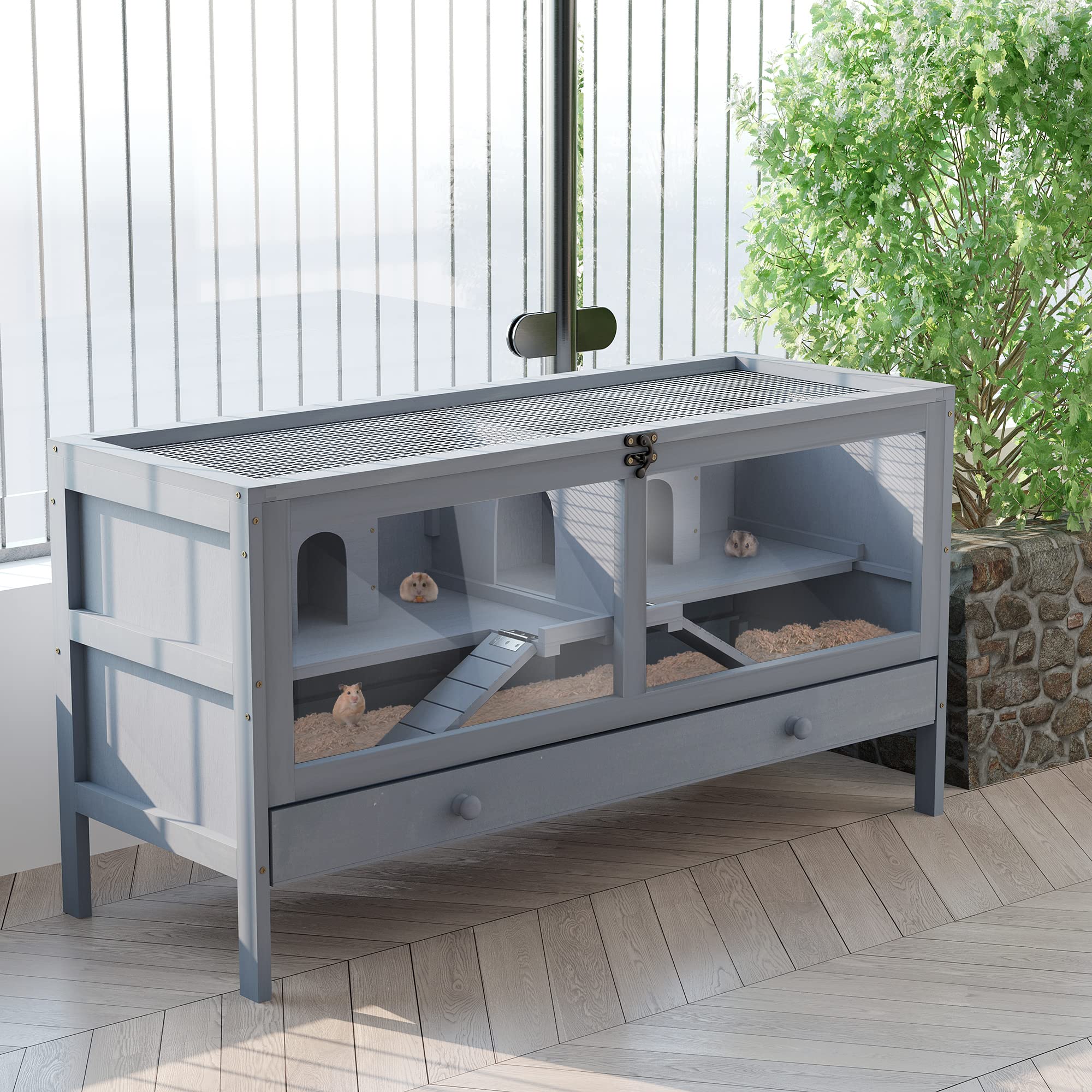 PawHut 2 Tiers Wooden Hamster Cage Mice and Rat House Small Animal Habitat with Double Room and Pull-Out Tray