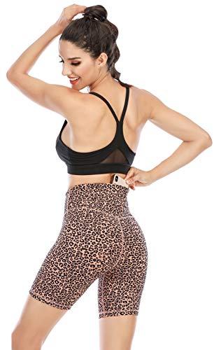 OVRUNS Biker Shorts for Women High Wasit Printed Yoga Shorts with Pockets Leopard Workout Running Athletic Cheetah Shorts - Brown - L