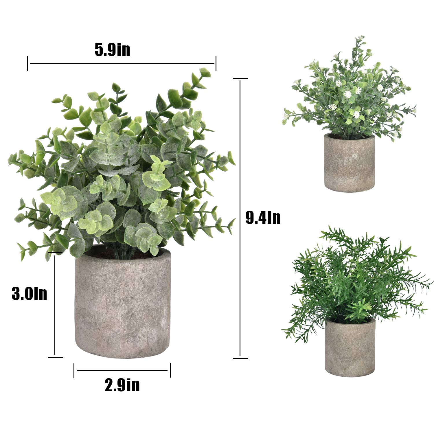 MARTINE MALL Fake Eucalyptus Pot Artificial Eucalyptus Plants with Vase 3 Pack Mini Fake Eucalyptus Plants for Indoor House Office Restaurant or Outdoor Garden Wedding Decorations 9.4in Tall