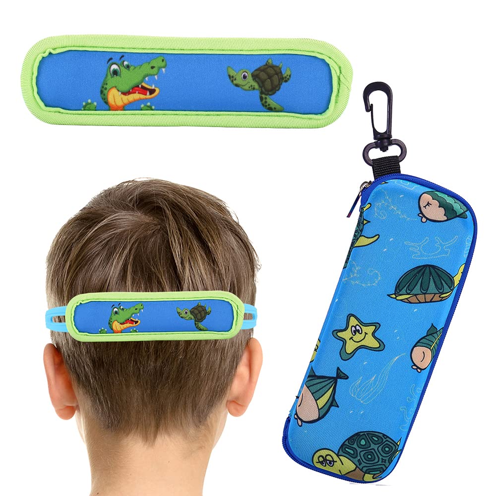 RUIGAO Swim Goggles Case/No Broken, Fabric Goggles Strap Cover/Head Band for Kids/Toddlers - Pain Free & Tangle Free (CS-Green Turtle)