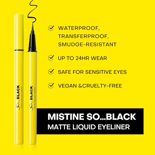 Mistine So Black Eyeliner 2-Piece Smudge Proof Eyeliner with Precise Flex Tip,Ultra-Silky Formula,Quick Drying Liquid Eyeliner Pen,Vegan & Cruelty-Free