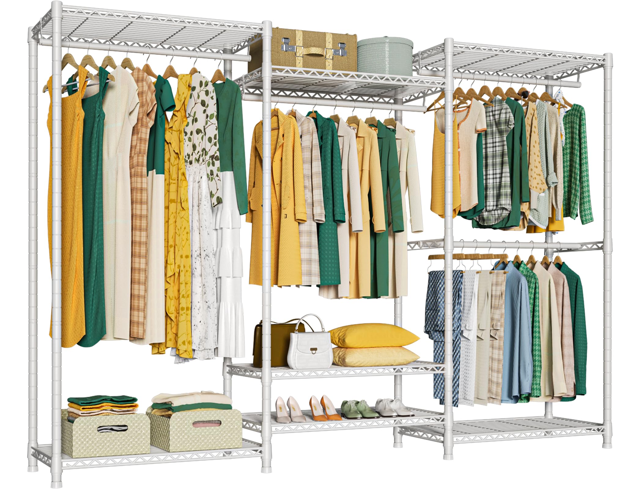 Ulif E8 Heavy-Duty Garment Rack, Freestanding Extra Large Clothes Rack with 7 Wire Shelves and 4 Hanger Rods, Closet Organizers and Storage, 86.6" W x 14.5" D x 71.2" H, Max Load 880 LBS, White