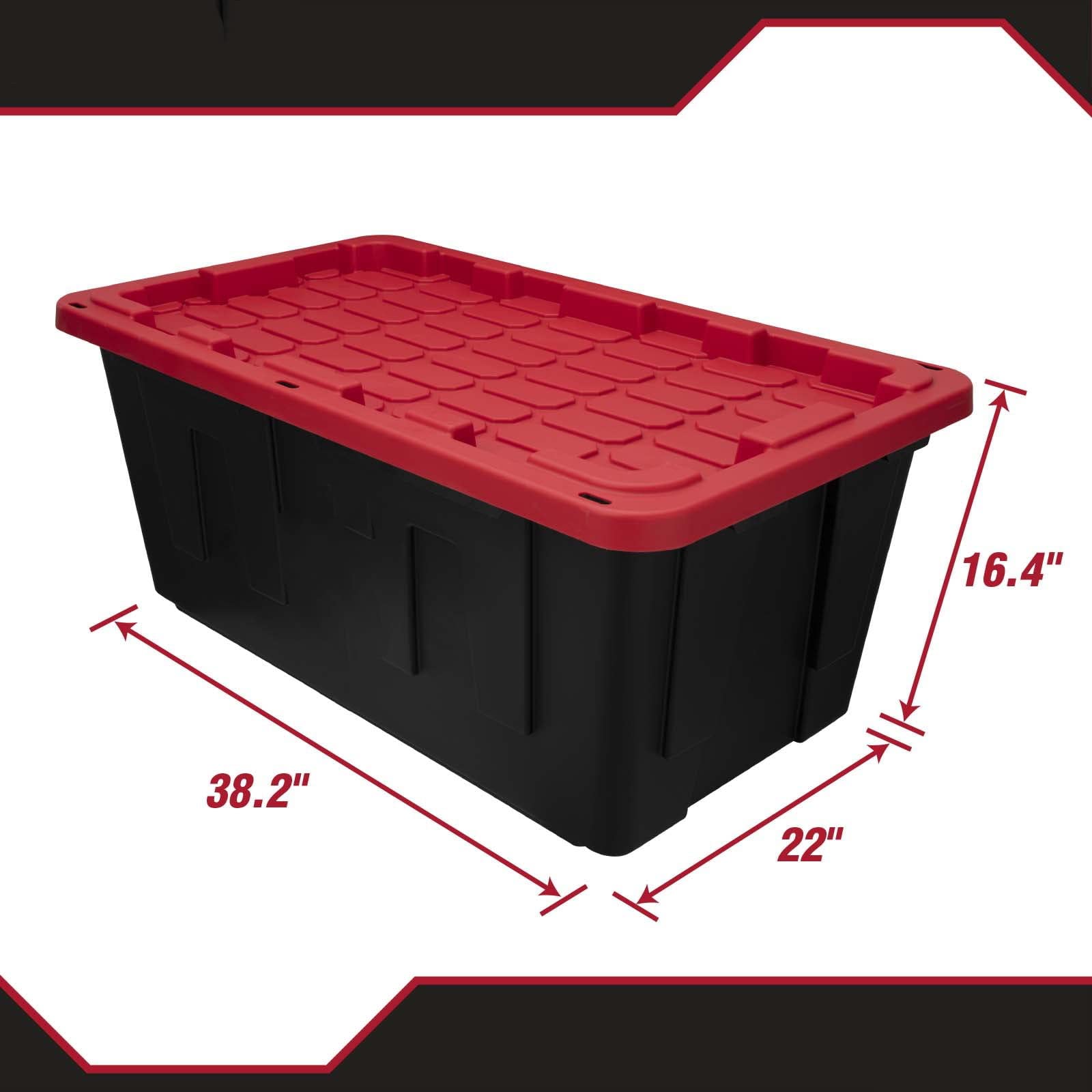NUrii 40 Gallon Snap Lid Plastic Storage Bin Container, Black with Red Lid, Set of 3 Big Plastic Storage Box