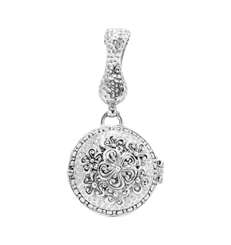 SARDA - .925 Sterling Silver 2" x 1" Frangipani Flower Hammered Chain Link Jawan Round Domed Locket Enhancer Pendant - Handmade by Bali Artisans