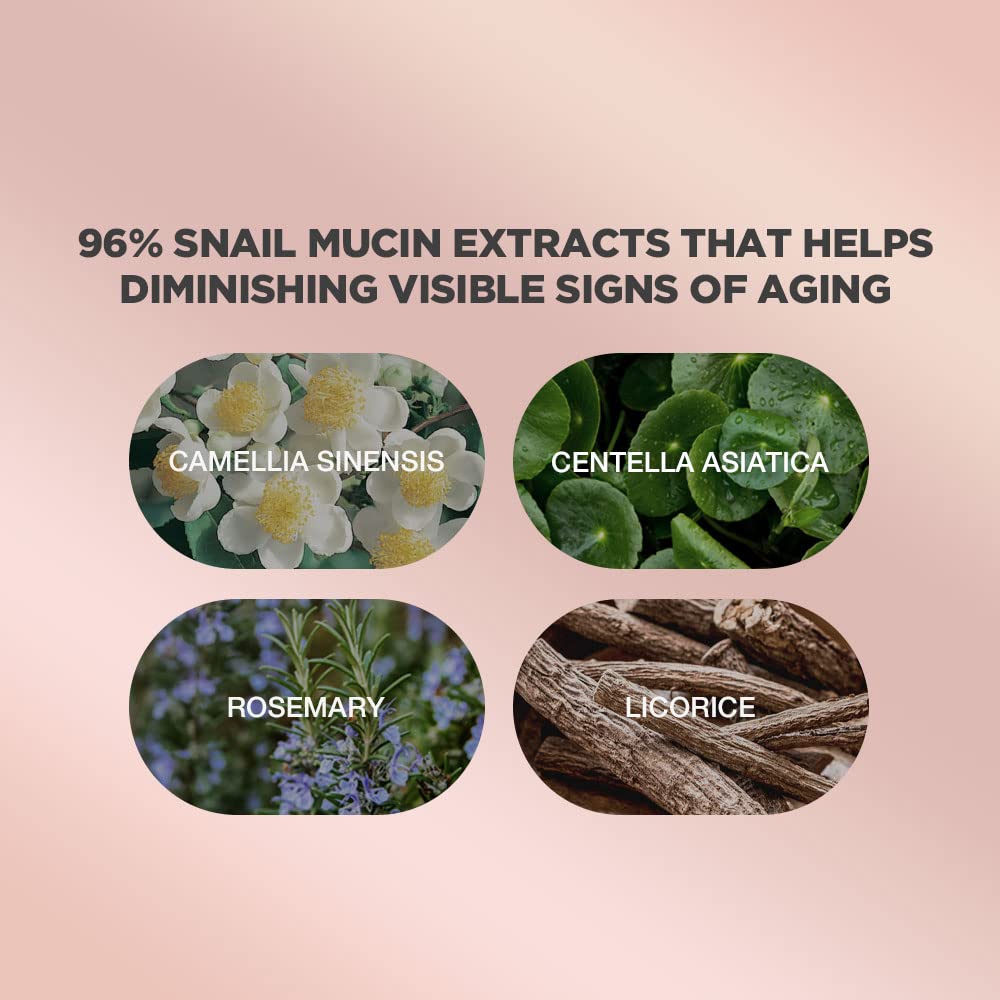 Snail Mucin Essence Serum | Advanced Snail Mucin Essence Serum | Snail Mucin Essence with High Concentrate of Snail Secretion Filtrate | Snail Serum with Natural Age-Defying Complex | Korean Essence Night Serum with 96% Snail Mucin Extracts | Korean Essen