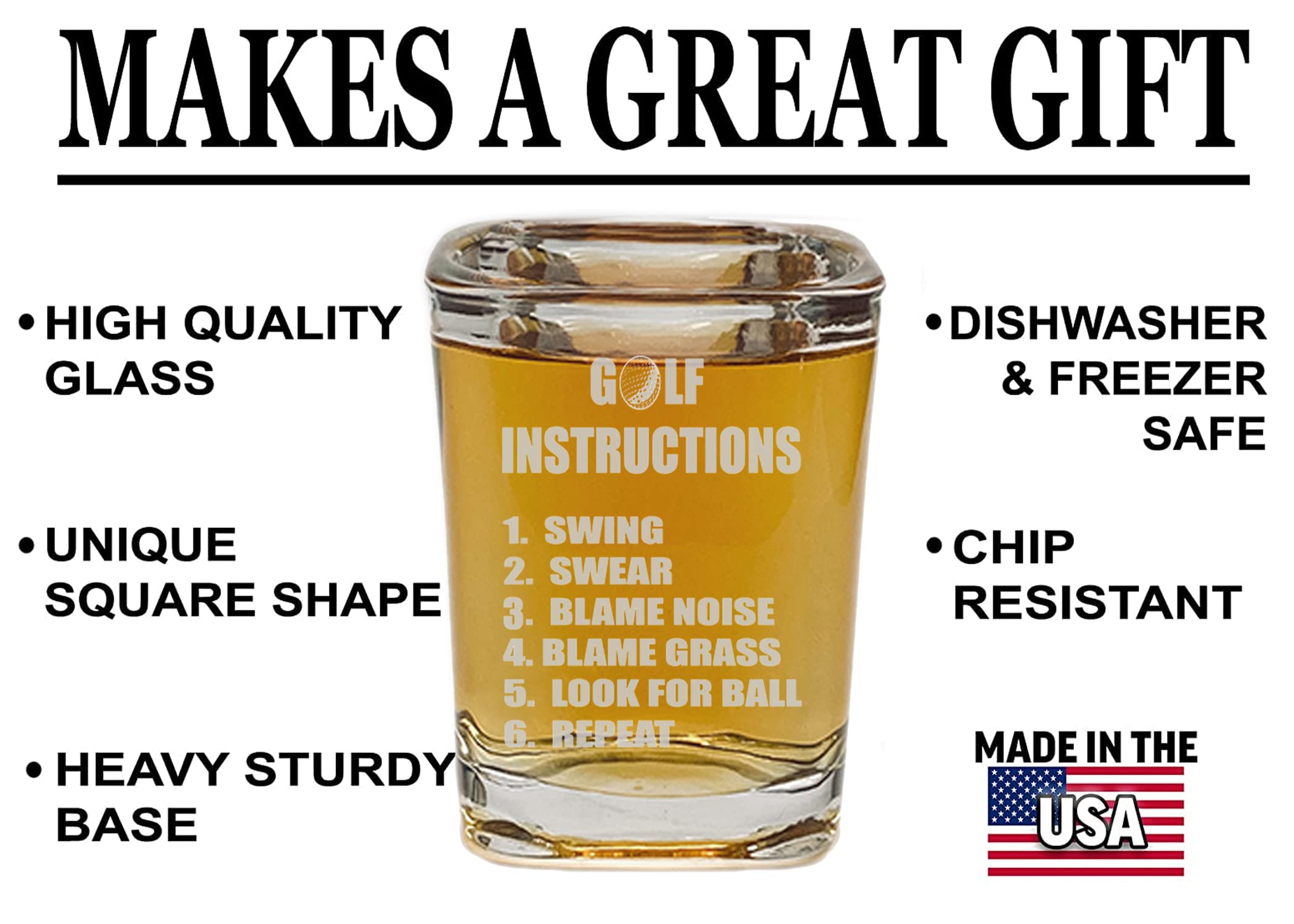 Rogue River Tactical Square Funny Golf Instructions Shot Glass Gift For Golfer Gag Gift For Dad Father's Day Joke