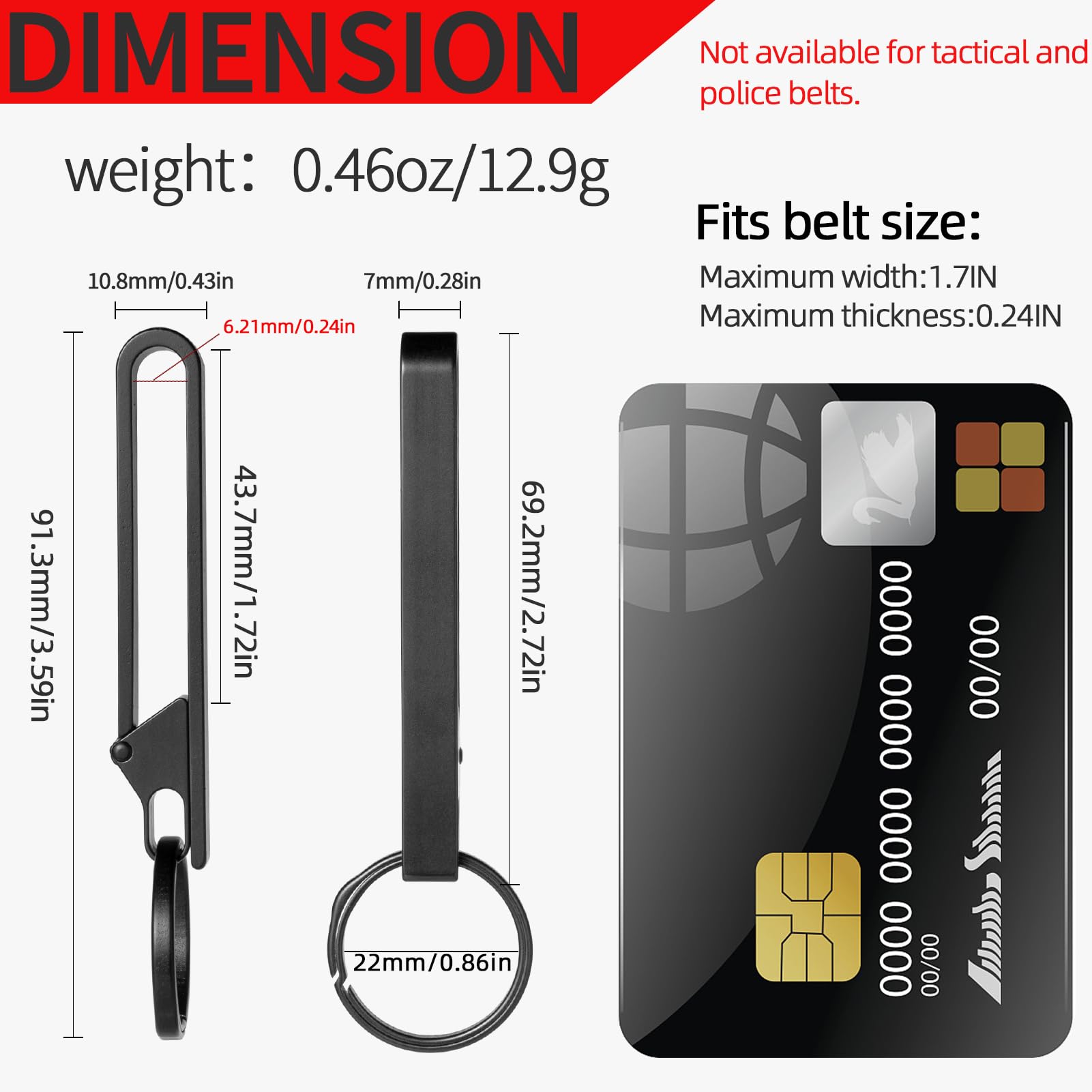 TIMULTI Titanium Belt Key Holder, Key Clip for Belt, Belt Loop Keychain Clip,EDC Quick Release Mens Belt Clip With Titanium Key Ring(Black Belt Clip-1PC)