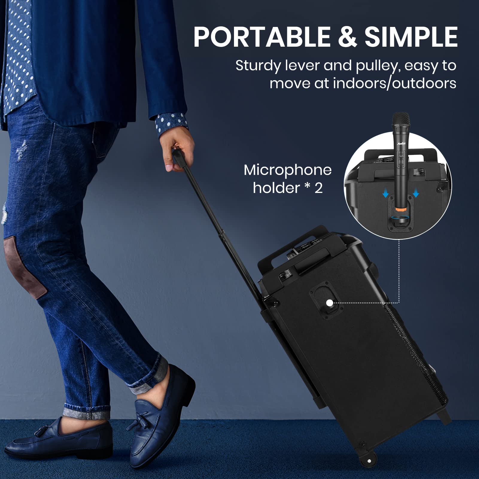 Moukey Karaoke Machine, PA System Woofer, Portable Bluetooth Speaker w/ 2 Wireless Microphones, Lyrics Display Holder, Party Lights & Echo/Treble/Bass Adjustment, Support TWS/REC/AUX/MP3/USB/TF/FM