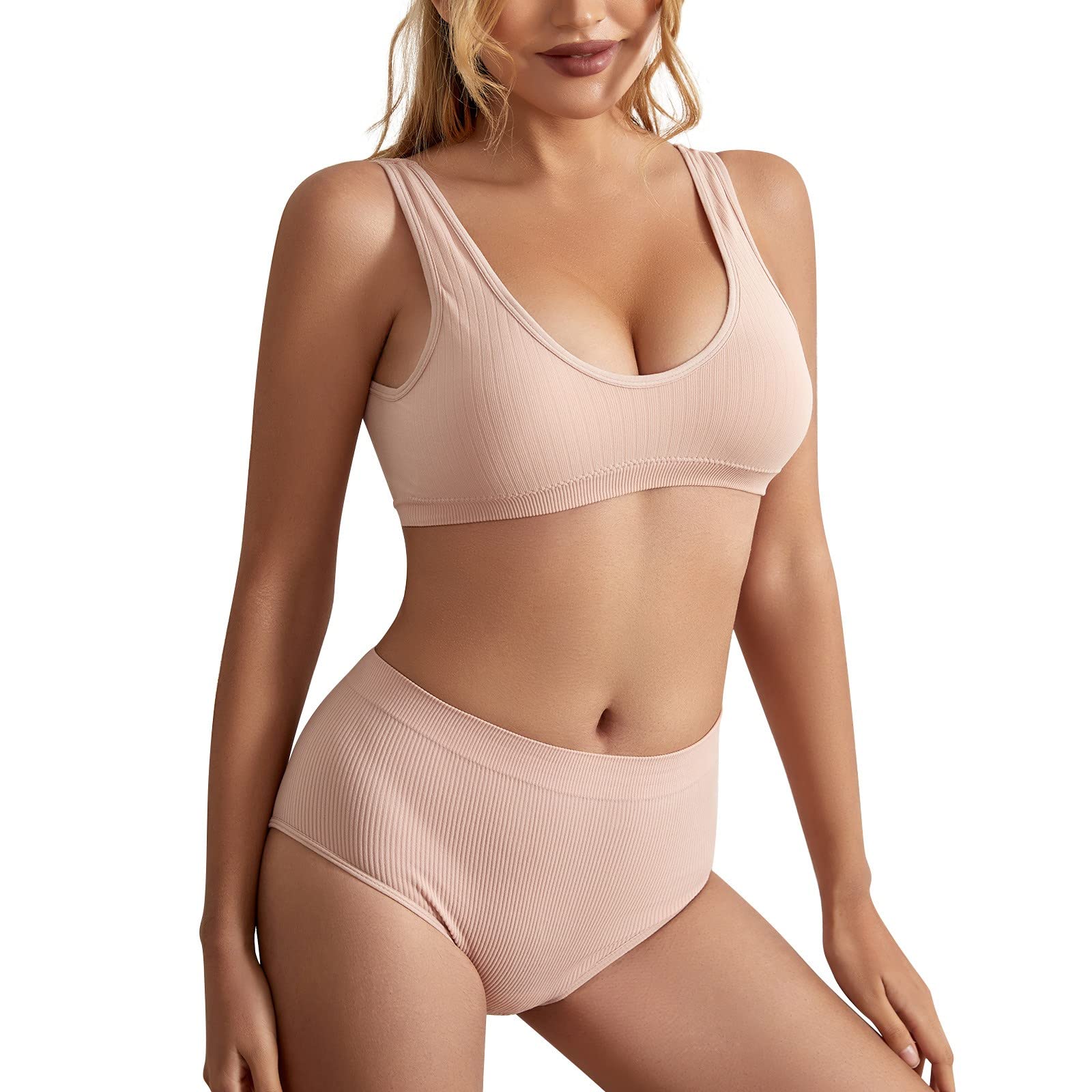 Women's 2 Piece Seamless Lingerie Halter No Padding Bra and Set Knee Length Underwear Men Pink
