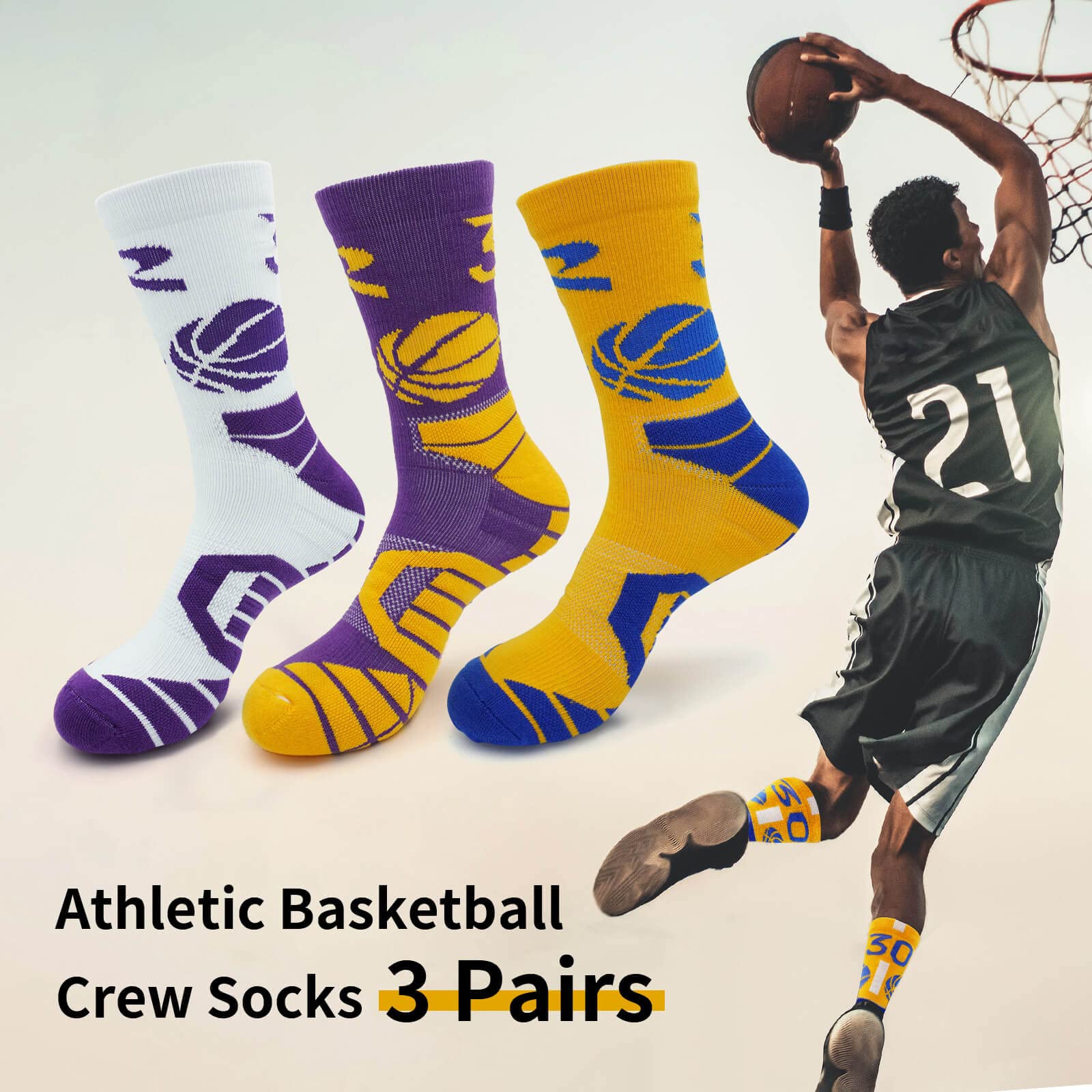 Ruinlong Elite Basketball Socks, 3 Pack Athletic Socks Thick Compression Sports Socks for Men & Women(Yellow/White/Purple)