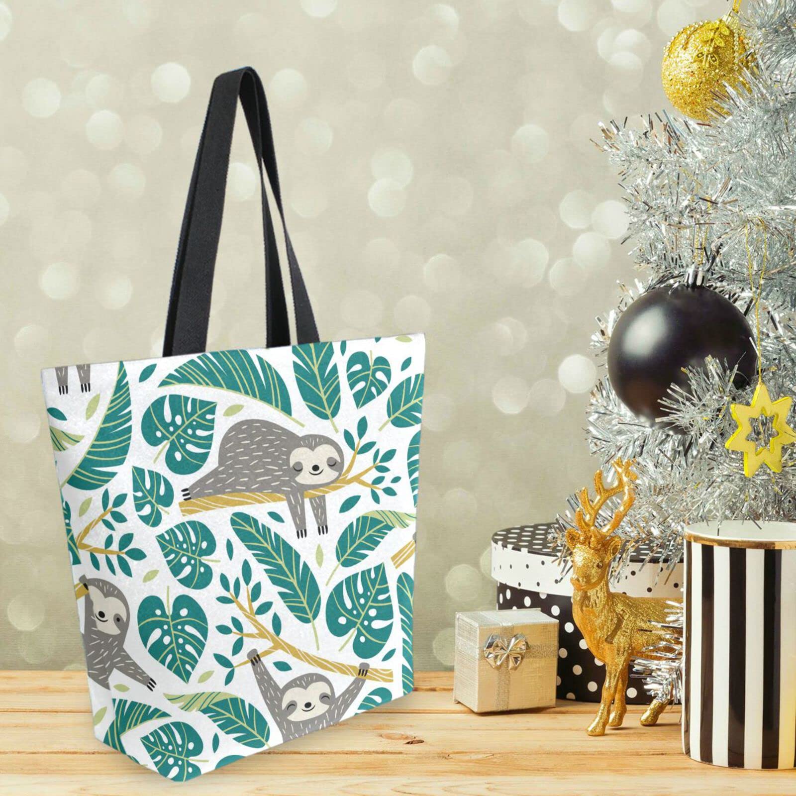 SUABO Cute Sloth Canvas Tote Bag Large Women Reusable Shopping Grocery Bag, Casual Shoulder Bag Handbag for Christmas Mom's Gift