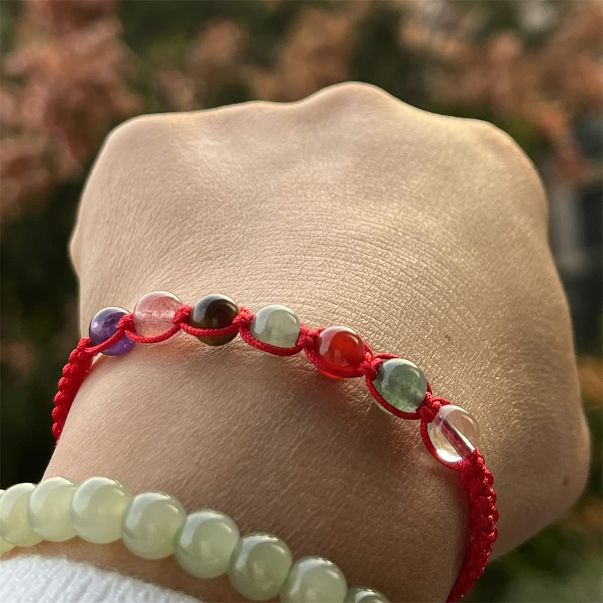 Qordelia 925 Sterling Silver Lucky Flower with 7 Chakra Gem Red String Bracelet Birthday Gift Mother's Day Gift, Adjustable, Size 2, Adjustable