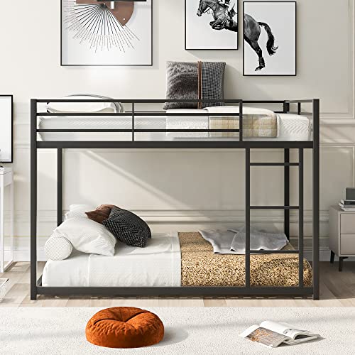 Merax Full Over Full Metal Heavy Duty Low Bunk Bed with Safety Guard Rails and Ladder, No Box Spring Needed, Black