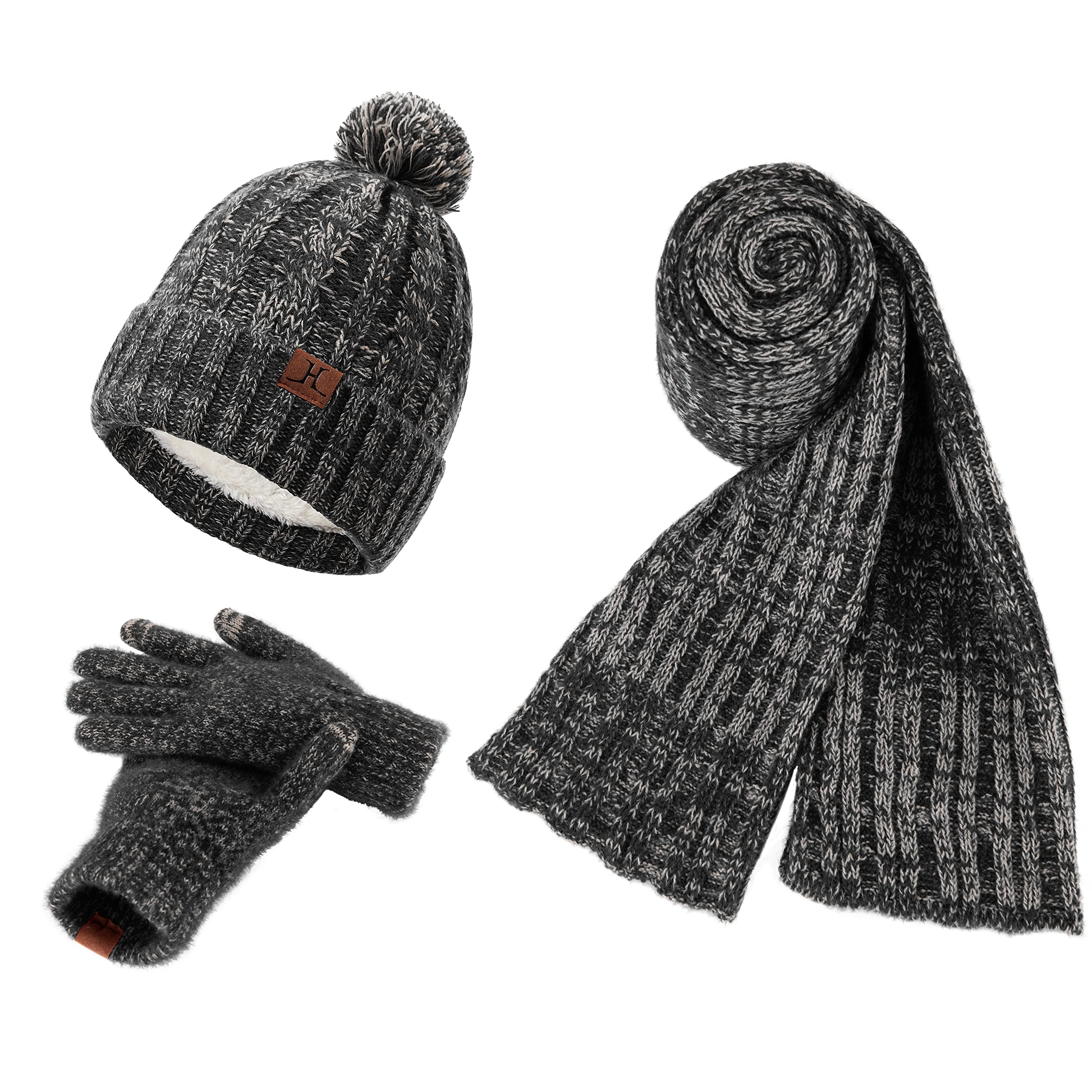 MAYLISACC Ladies Knit Beanie Hat Neck Warmer Scarf and Touch Screen Gloves Set, Double Layer Fleece Bubble Cap for Women