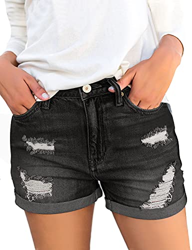 luvamia Women's Stretchy Ripped Denim Shorts High Rise Roll Hem Cut Off Shorts Wise Up Black Shorts Women Black Size X-Large