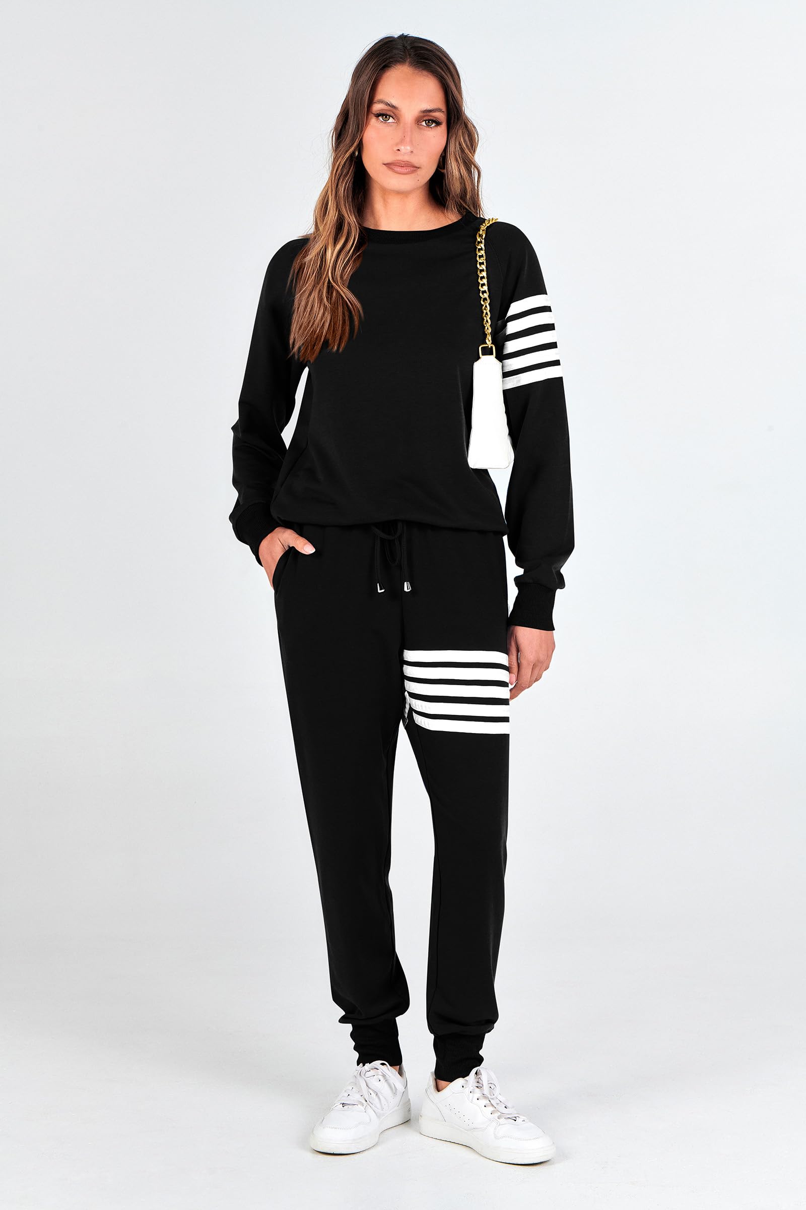 PRETTYGARDEN Women's Two Piece Striped Outfits Casual Long Sleeve Top and Sweatpants Matching Tracksuit Jogger Set (Black,Medium)