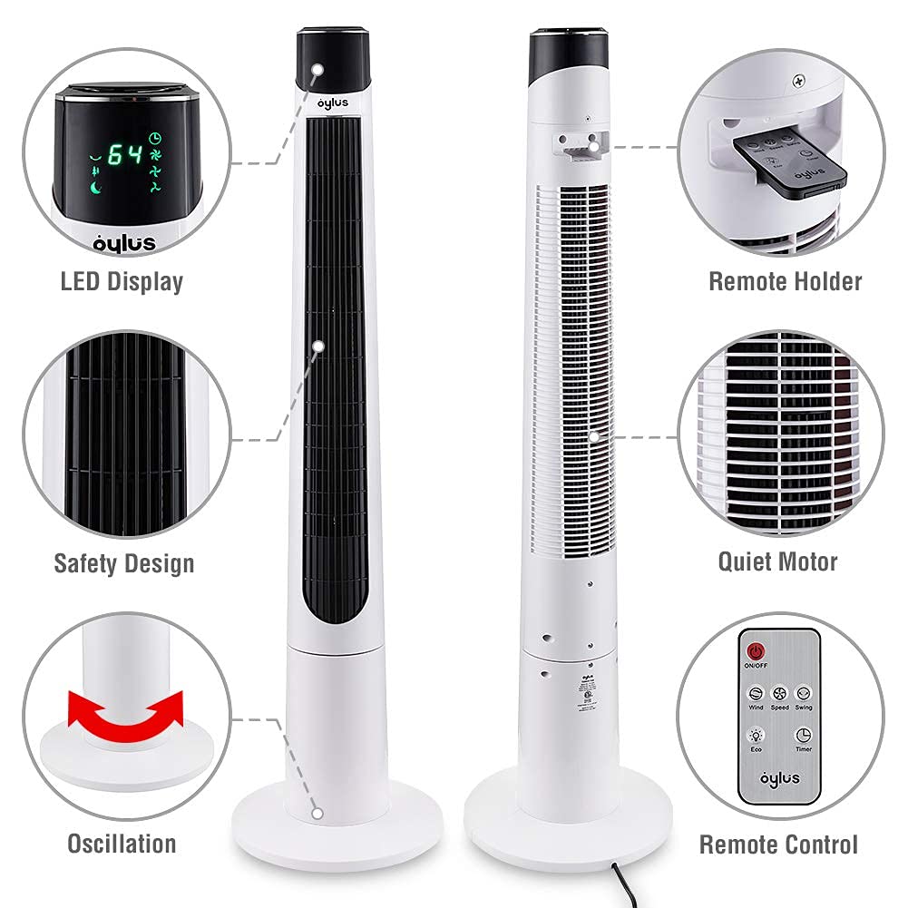 OYLUS 48’’ Tower Fan Portable With Remote Control Oscillating Quiet, 3 Speed Settings Nature & Sleeping Mode 12H Timer for Rooms, Office, White