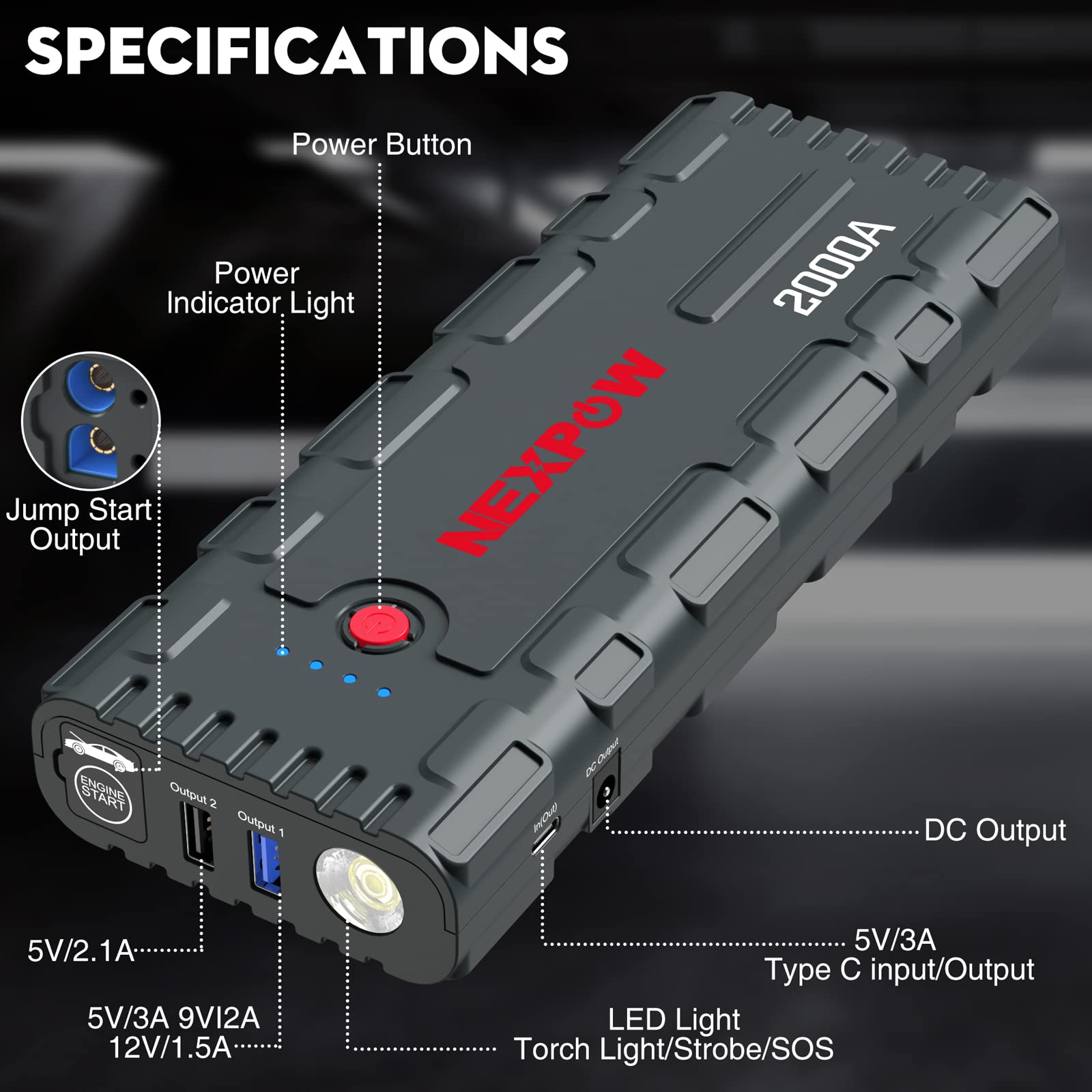 NEXPOW 2000A Peak Car Jump Starter with USB Quick Charge 3.0 (Up to 7.0L Gas or 6.5L Diesel Engine), 12V Portable Battery Starter, Battery Booster with Built-in LED Light
