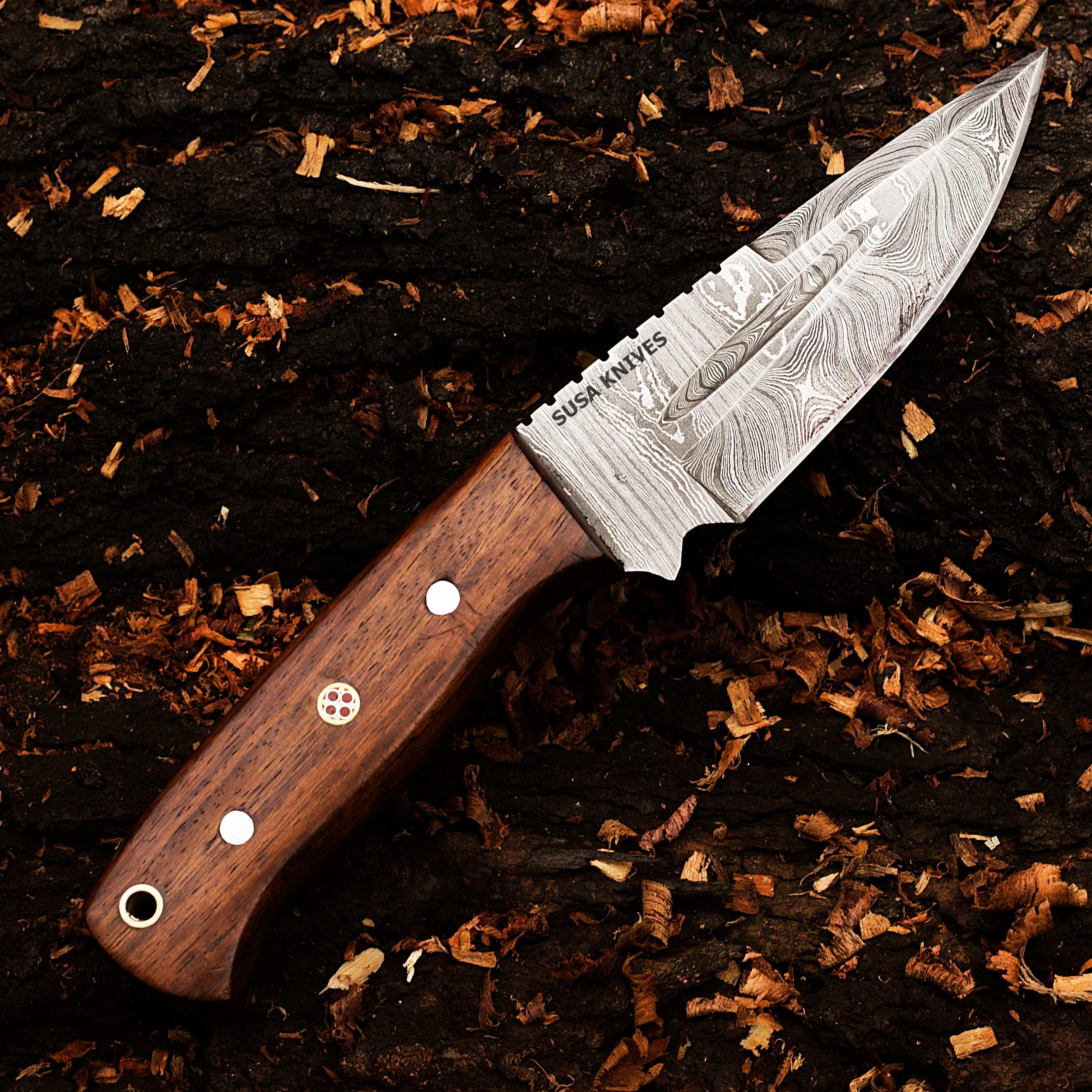 SUSA KNIVES 8''Fixed Blade Handmade Damascus Hunting Knife, Walnut Wood Handle -Its A Hunting Knife with Sheath | Bushcraft Knife EDC Survival Knife for Men | (WOOD)