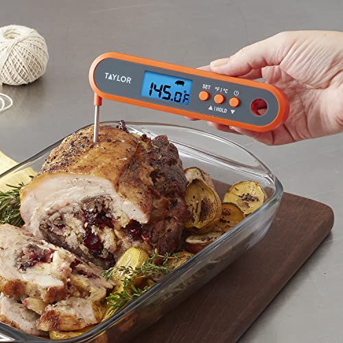 Taylor Digital Waterproof Food Meat and Candy Thermometer, with a Folding Probe, programmable presets, Backlit Display, andIncludes 2 AAA Batteries