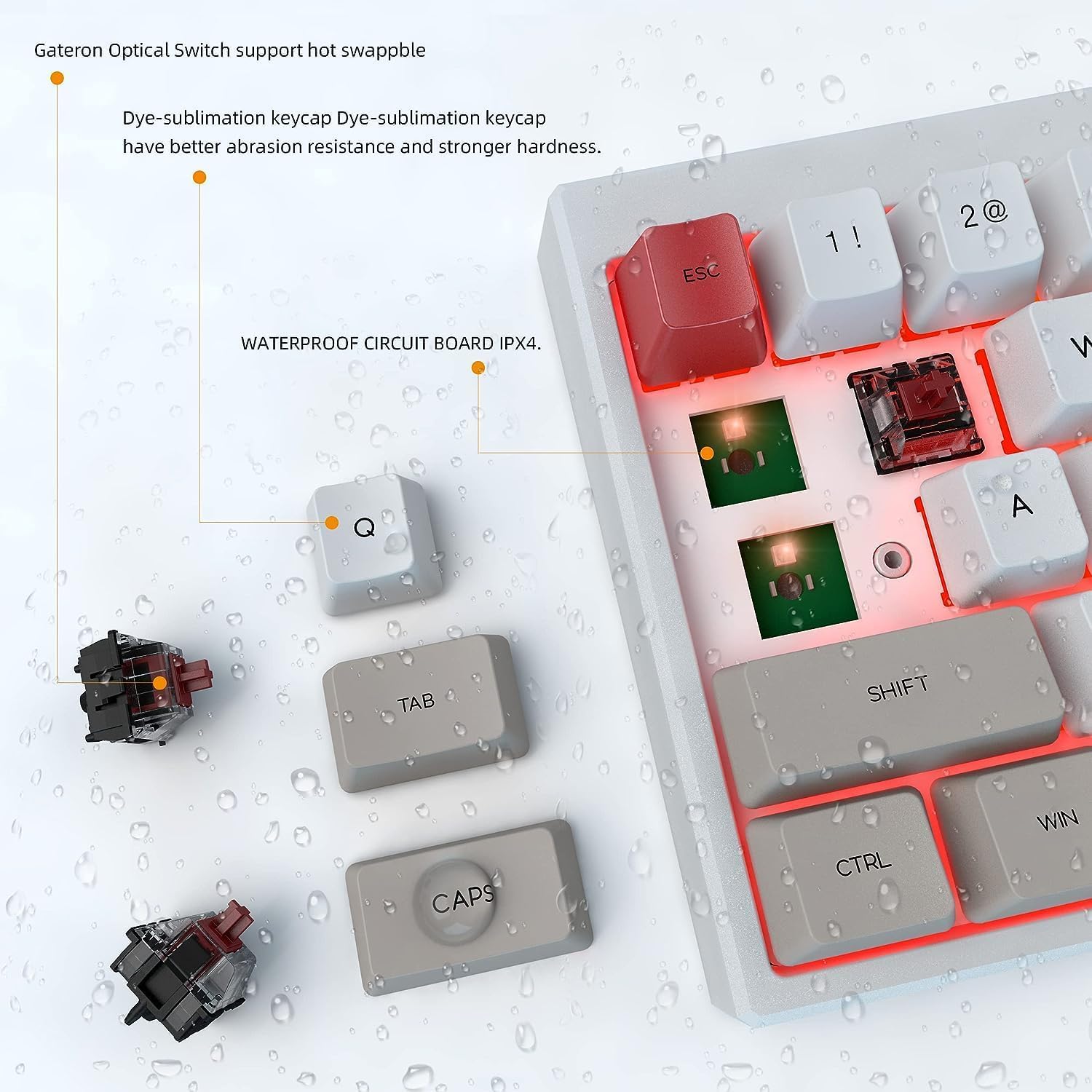 Ractous RTK61BP 60% Wireless Mechanical Gaming Keyboard,RGB Blacklit PBT Sublimation Keycaps 61keys Bluetooth5.1 Gaming Keyboard for PC/Mac Gamers,Hot-Swap Gateron Optical Yellow Switch-White