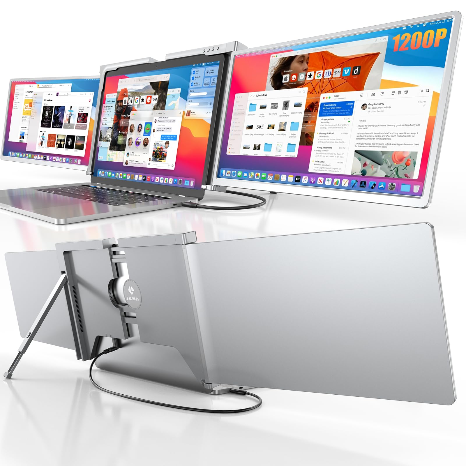LIMINK 14" Triple Portable Monitor with 1 Cable Connect, S500 Laptop Screen Monitor Extender, 1200P USB A C Frameless Tri-Screen Compatible for 15-17.5" Windows, MacBook Air Pro, Include M1 & M2 Chip