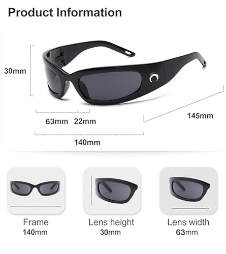 PEGH Wrap Around Sunglasses Y2K Trendy, Fashion Black Sporty Sun Glasses Moon Décor Shades