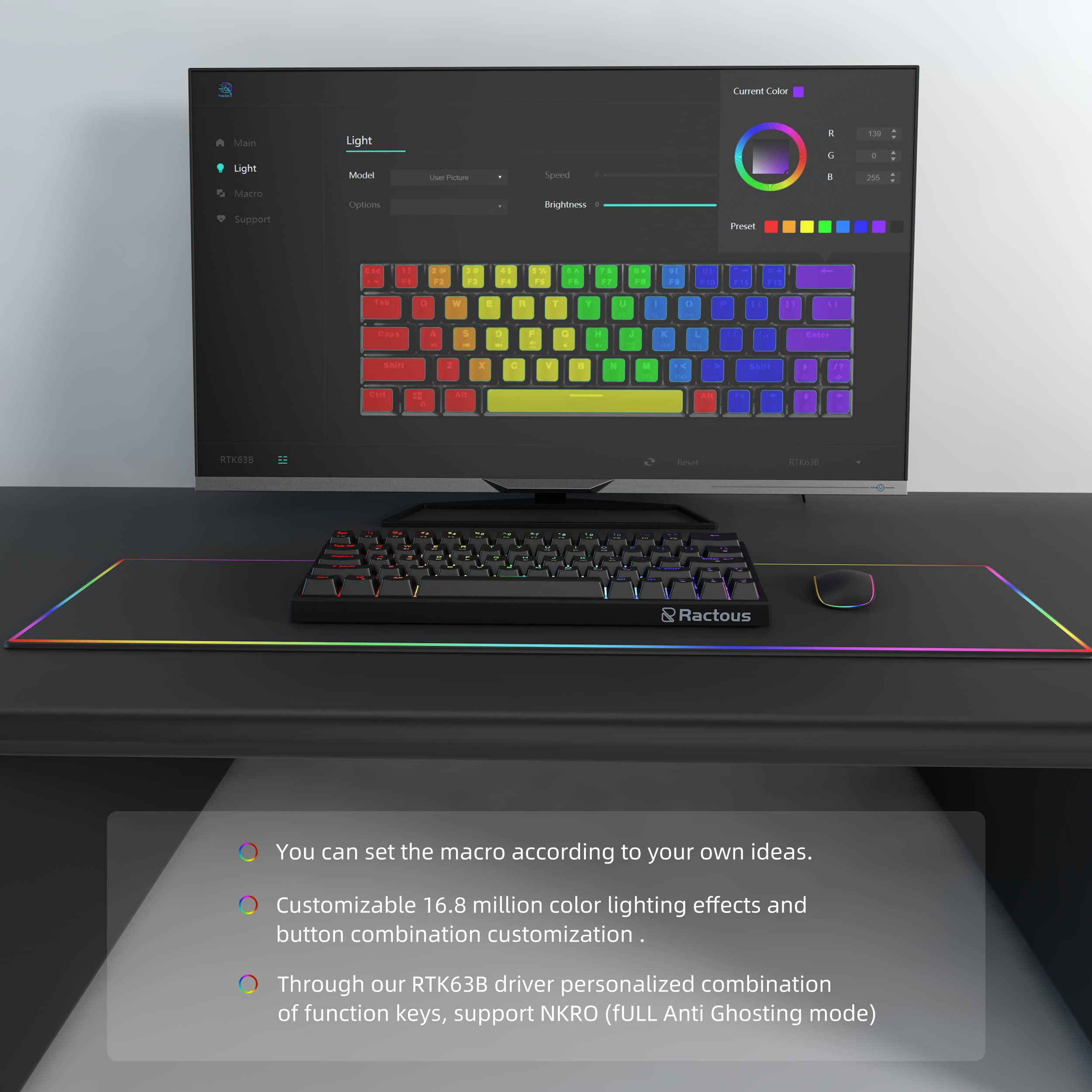 Ractous RTK63B 60% Wireless Mechanical Gaming Keyboard,RGB Blacklit PBT keycaps Type-C 63keys Bluetooth5.1/Wireless/Wried Gaming Keyboard for PC/Mac Gamers,Hot-Swap Optical Black Switch-Black