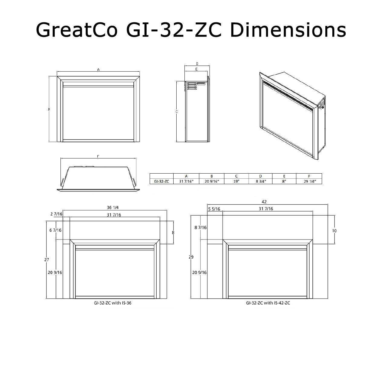 Outdoor Great Room GI-32-ZC Electric Fireplace Insert Zero Clear, 32"
