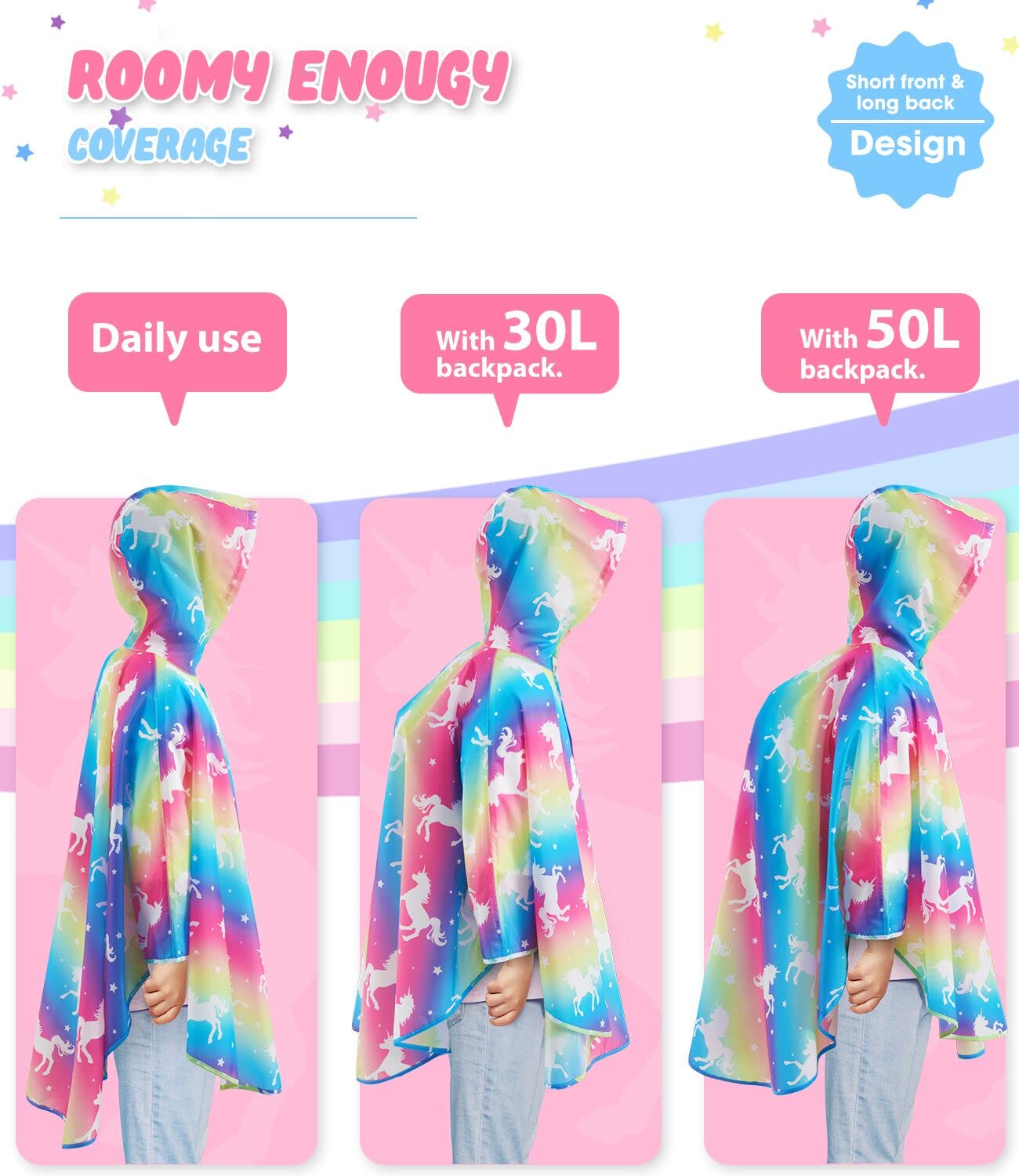 WAWSAM Lightweight Kids Rain Poncho Waterproof Kids Poncho Reusable Hooded Rain Jacket for Boys Girls