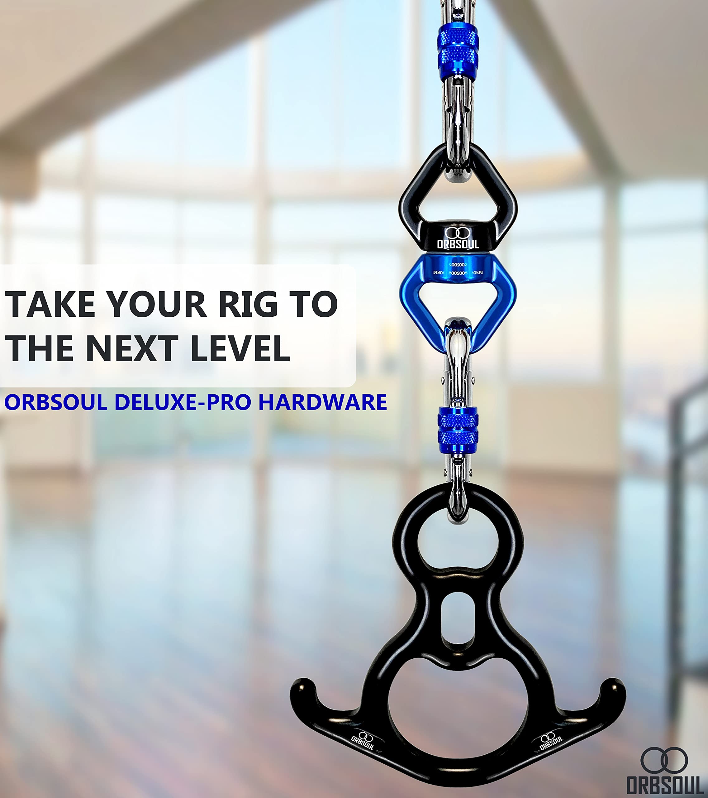 Orbsoul Aerial Silks Hardware (Deluxe PRO Set), Certified Complete Kit (Includes Rescue Figure 8 Descender, Infinity Swivel 2.0, and 2X Ice-Blue Carabiners)