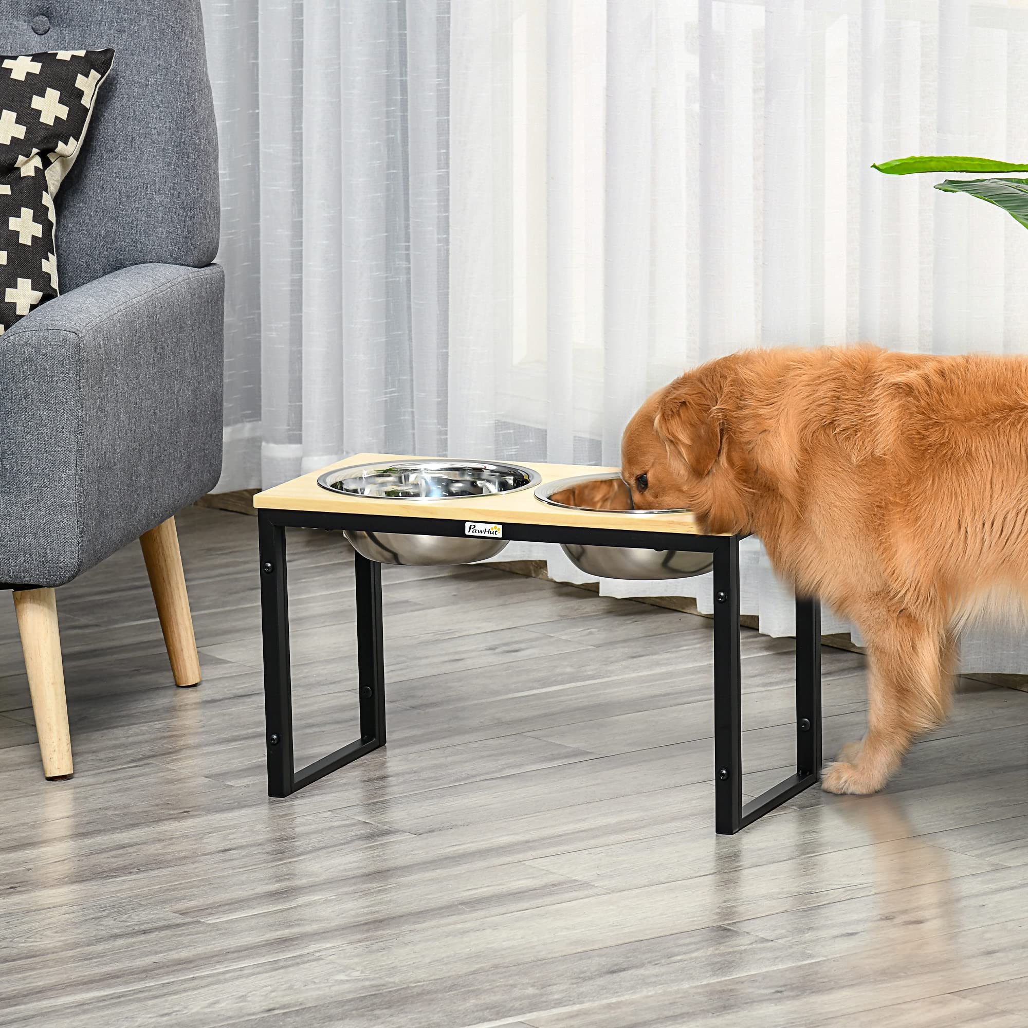 PawHut Elevated Dog Bowls with Stand, Raised Dog Feeder for Large Sized Dogs, Natural
