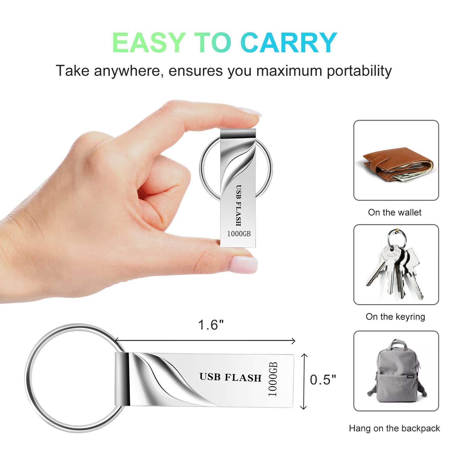 Umeway Flash Drive 1TB Memory Stick Waterproof Thumb Drive Metal Portable USB Drive Jump Drive for Data Storage USB Stick with Keychain for PC Laptop Computer