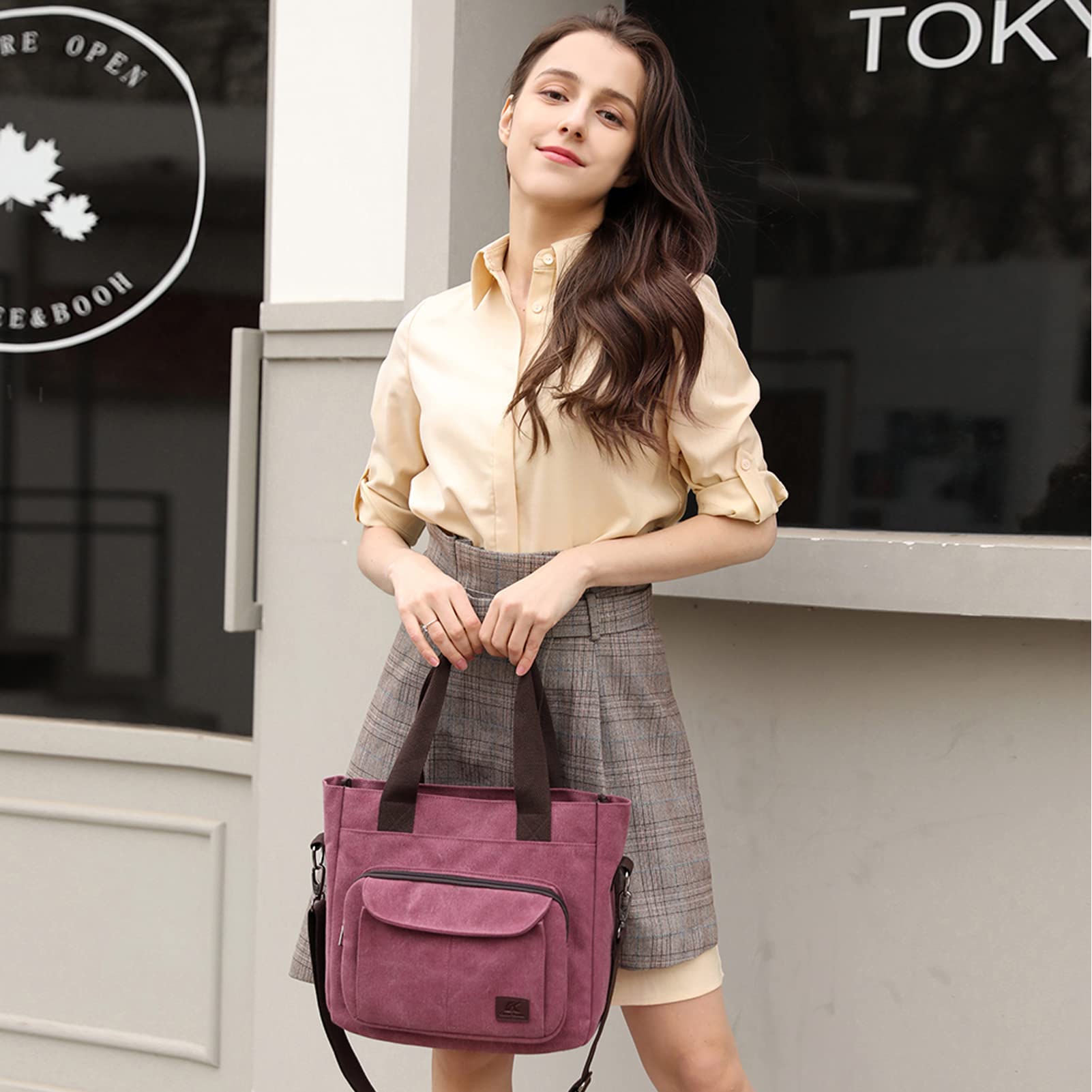 Women's Canvas Tote Purse Shoulder Crossbody Bag Handbag Multi-pocket Large Capacity Top Handle Work Bags(Fuchsia)