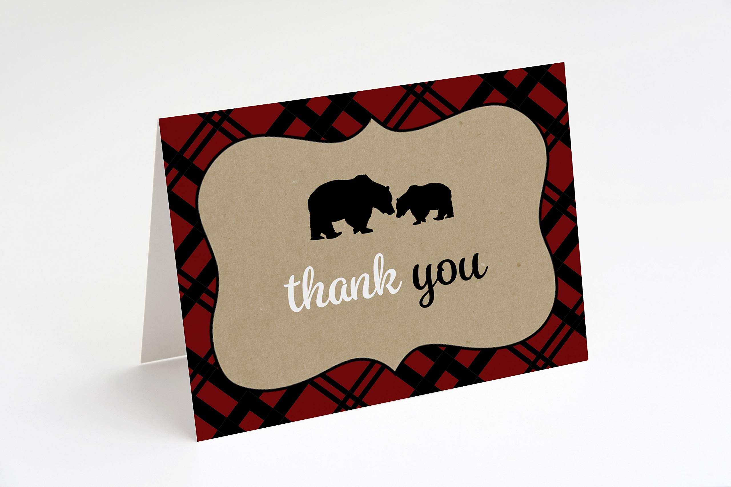 Lumberjack Thank You Cards Baby Shower Bears Folding Thank You Notes Sprinkle Birthday Event Party Tan Red Plaid Rustic Mama Bear Baby Bear (24 count)