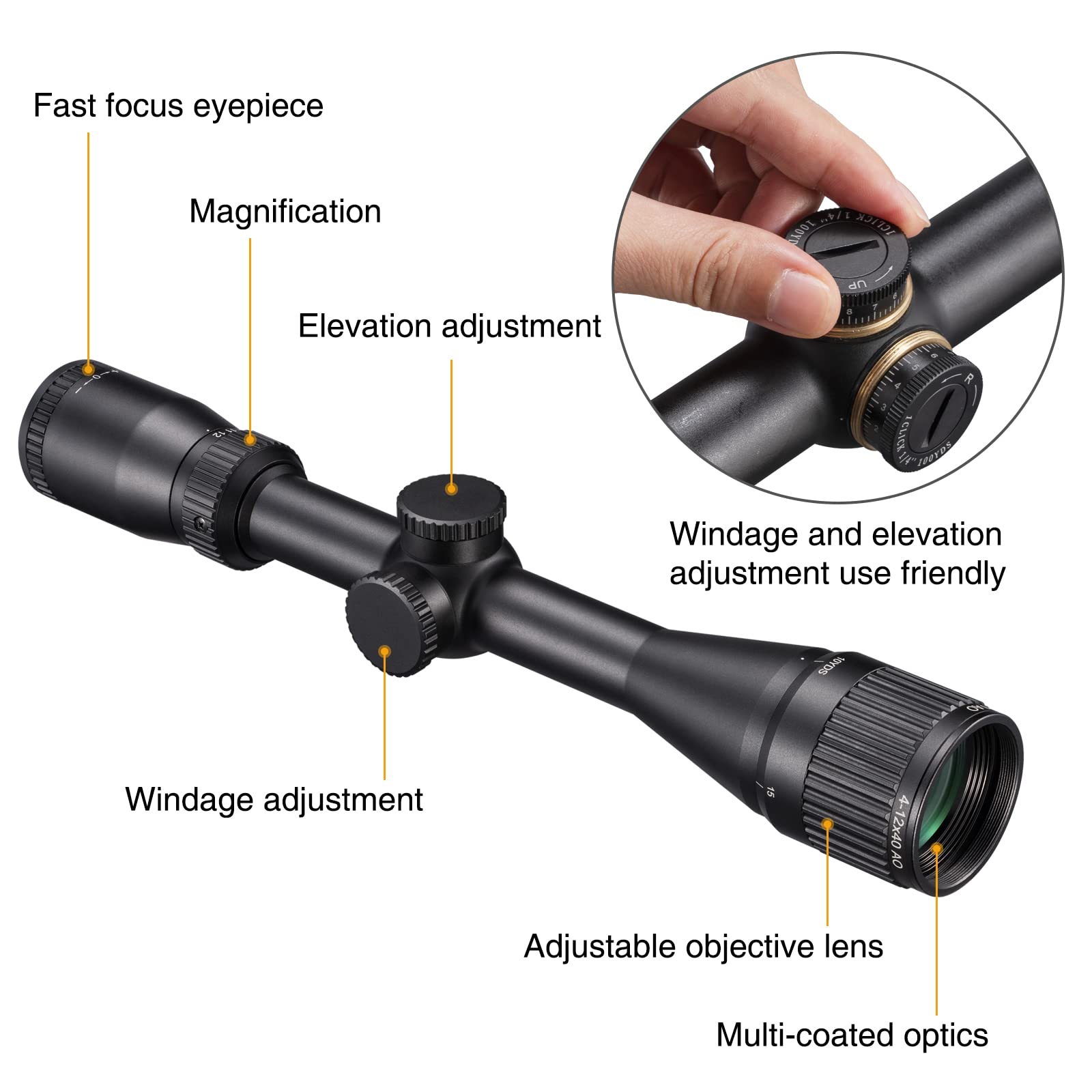 MidTen SFP 4-12x40 AO Tactical Rifle Scope with 4" Eye Relief Adjustable Objective Dead-Hold BDC Reticle Optics 1-inch Tube Riflescopes for Hunting Shooting