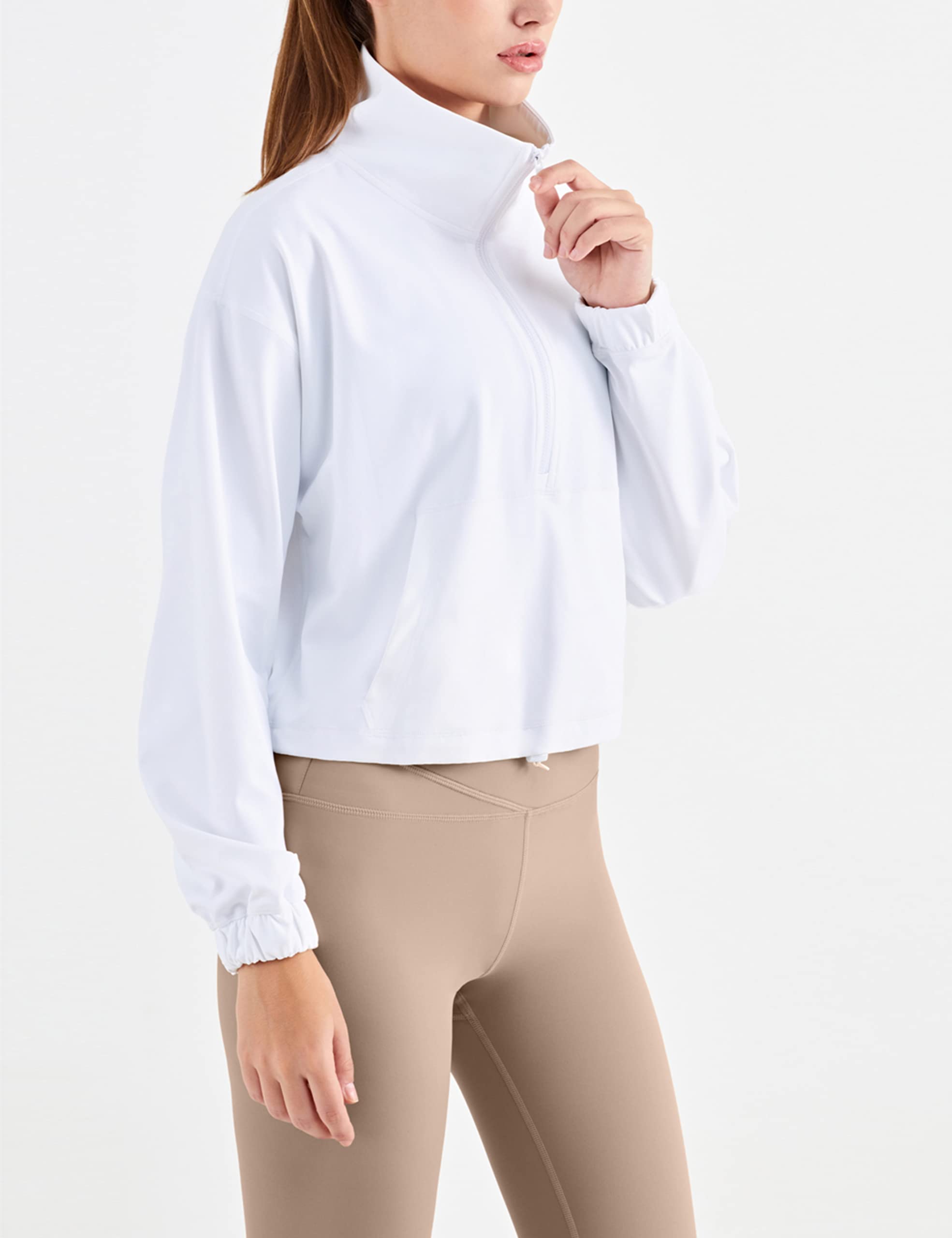 Tanming Women's Cropped Athletic Running Jacket Half Zip Pullover Workout Yoga Shirt (White-M)