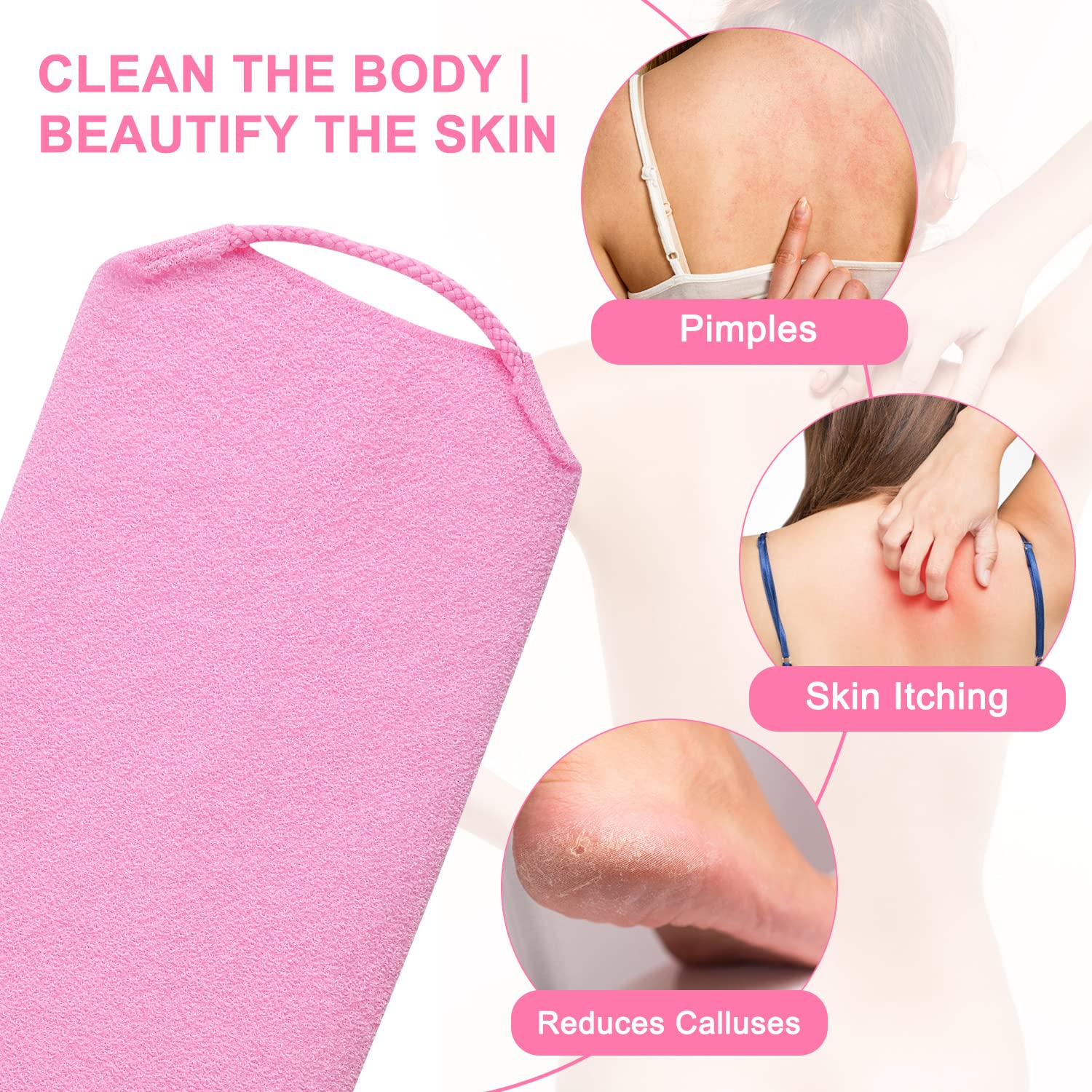 WXJ13 4 Packs Nylon Back Exfoliator, Exfoliating Back Scrubber with Handles, Exfoliating Towel Body Exfoliator Back Washer Scrubber Stretchable Pull Strap Exfoliating Washcloth for Body Shower
