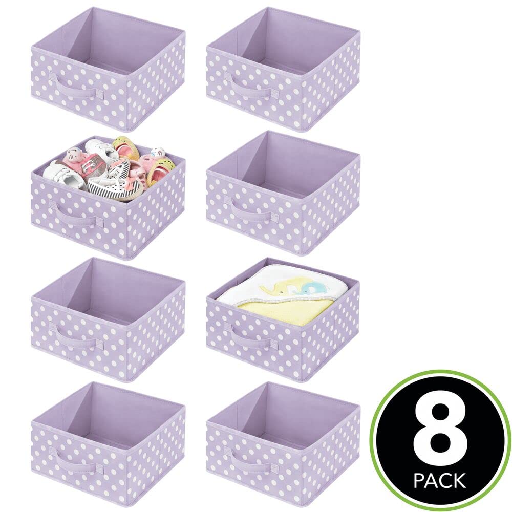 mDesign Fabric Nursery/Playroom Closet Storage Organizer Bin Box with Front Handle for Cube Furniture Shelving Units, Hold Toys, Clothes, Diapers, Bibs, 8 Pack, Light Purple/White Polka Dot