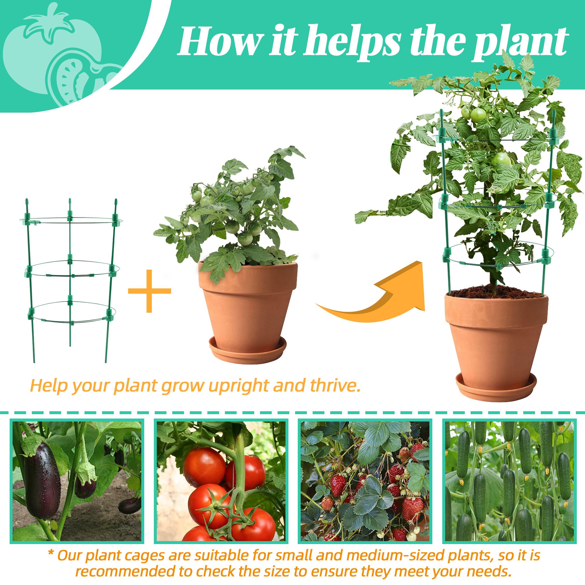 Tomato Cage Plant Support Cage for Garden 4 PACK, 18 Inch Tomato Trellis Garden Cages with 3 Adjustable Rings, Tomato Plant Stakes for Climbing Plants, Flowers, Fruit, Vegetables