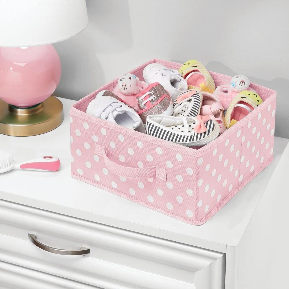 mDesign Fabric Nursery/Playroom Closet Storage Organizer Bin Box with Front Handle for Cube Furniture Shelving Units - Holds Toys, Clothes, Diapers, Bibs, 4 Pack, Pink/White Polka Dot