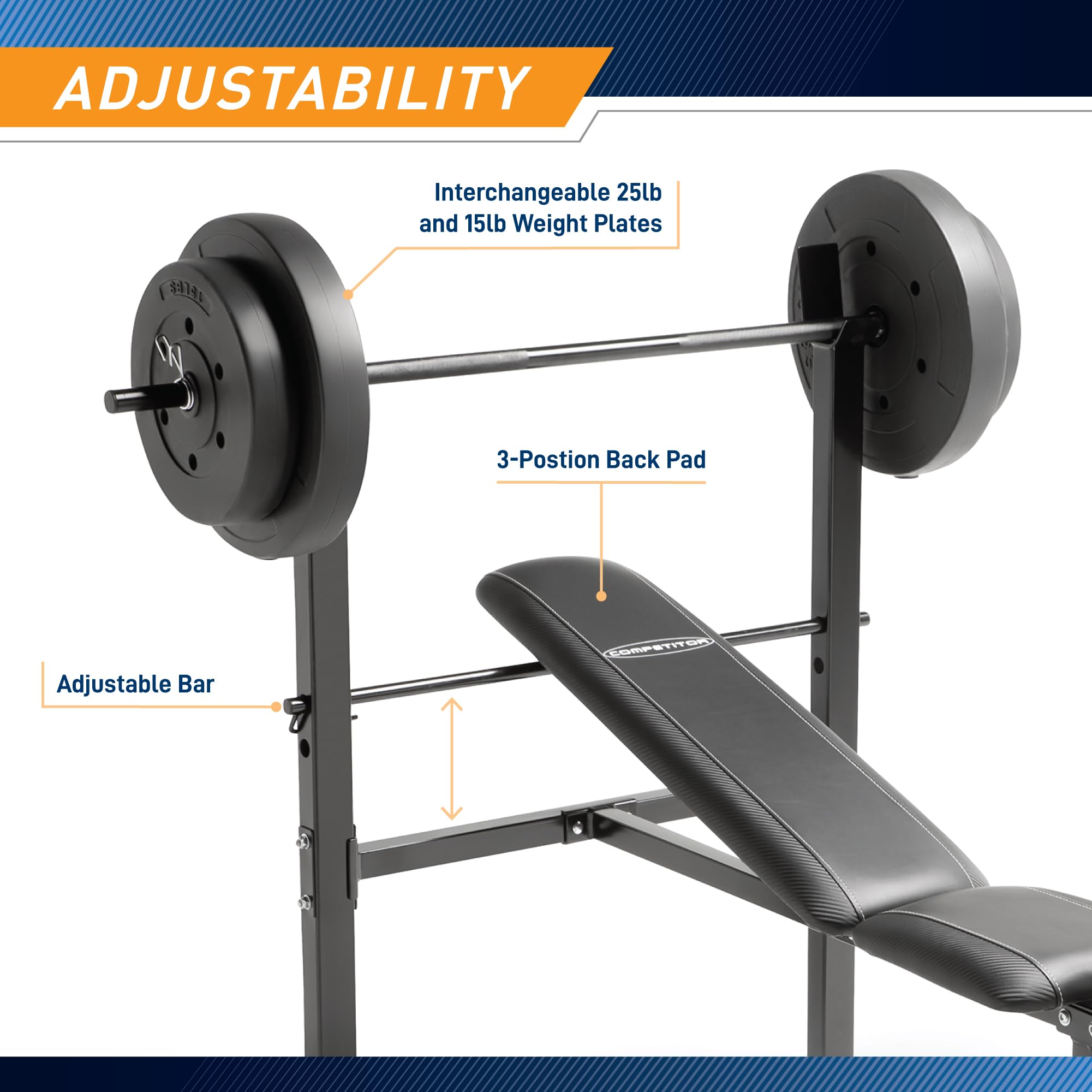 Marcy Competitor Standard Workout Bench with 80 lbs Vinyl-Coated Weight Set Combo CB-20111