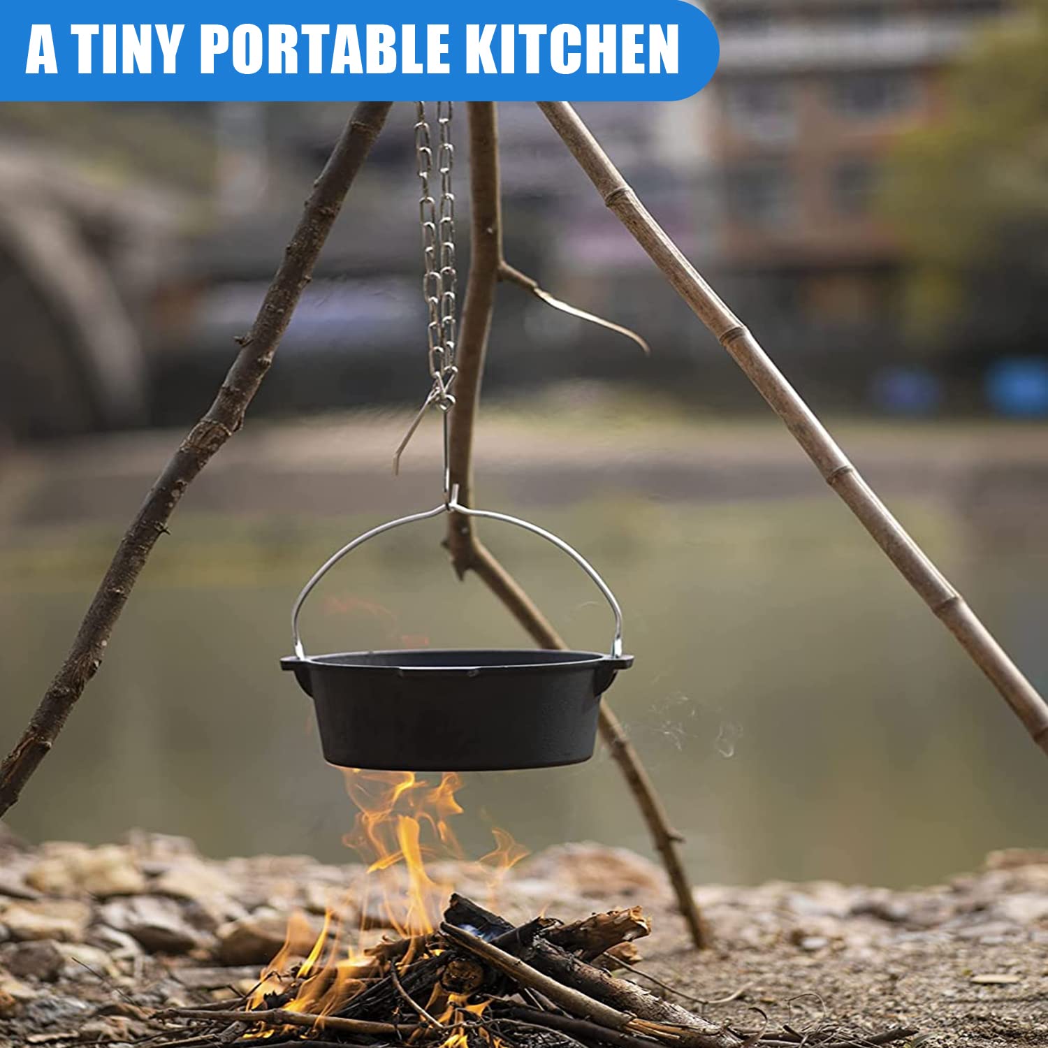 SKYEMAC Camping Tripod Board for Outdoor Cooking - Turn Branches into Campfire Tripod with Adjustable Chain Portable Camp Grill Accessories Stainless Steel for Backpacking Picnic Hiking