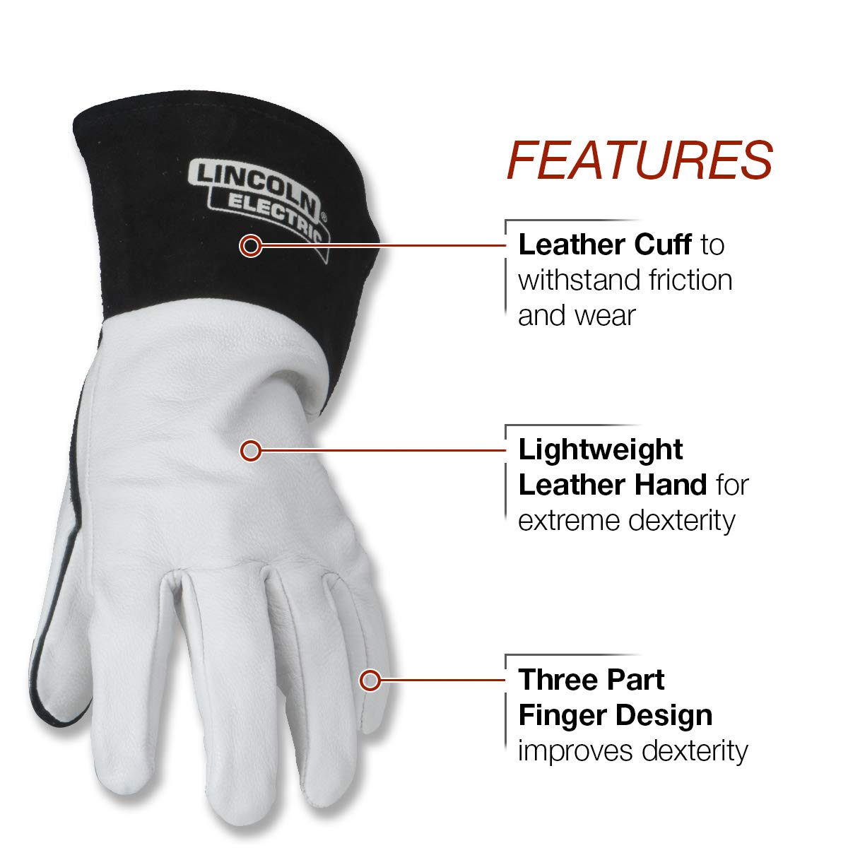 Lincoln Electric Grain Leather TIG Welding Gloves | High Dexterity | XL | K2981-XL, White/Black