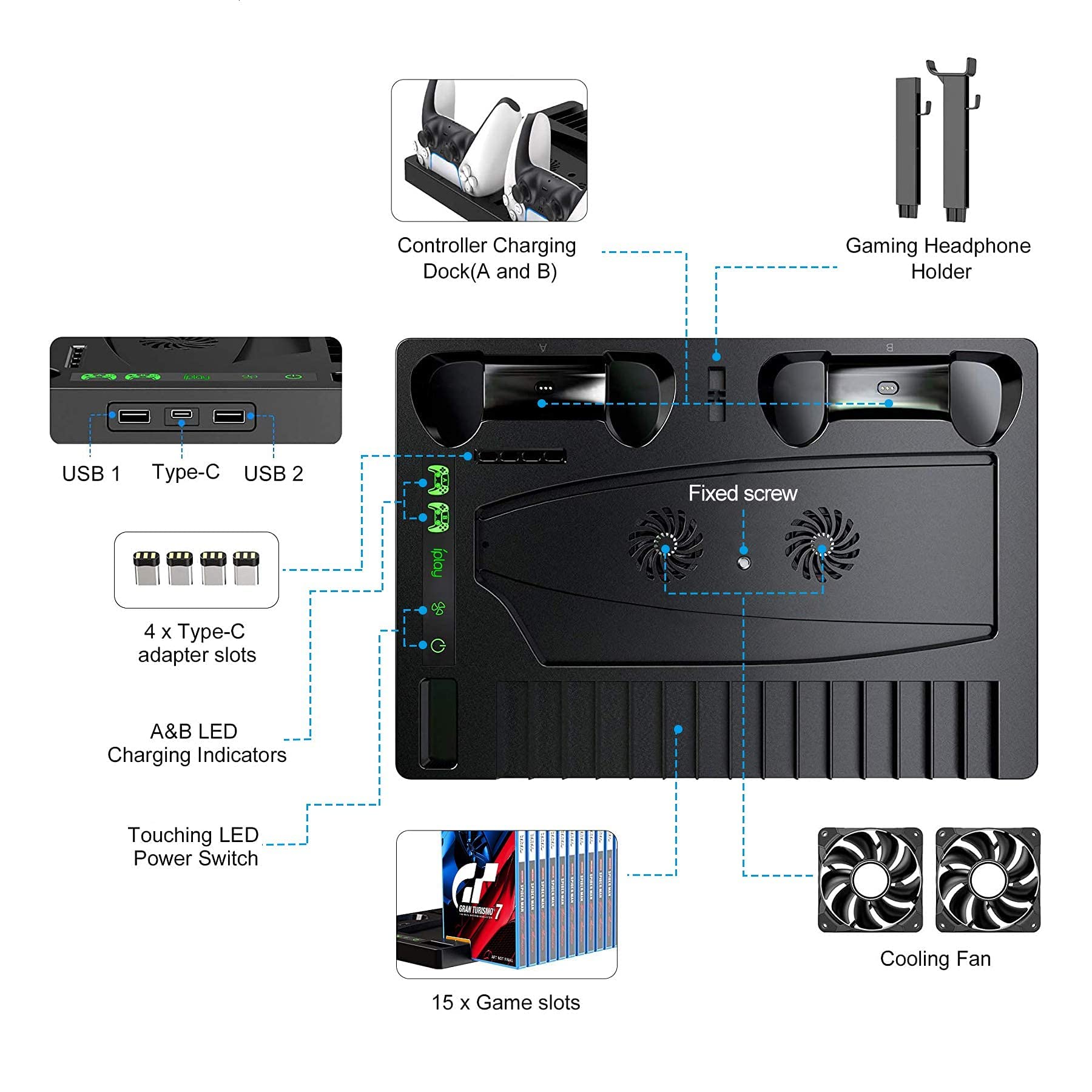 OFUN PS5 Console Stand with Wireless Charging, Cooling Fans, Storage and USB Hub, 2 Controllers Charged