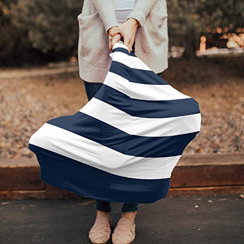 Nursing Cover Carseat Canopy, White Navy Stripes Nautical Decor Soft and Breathable Stroller Covers for Breastfeeding Infants, Multiuse-Nursing Scarf,Stretchy Babysitting Scarf
