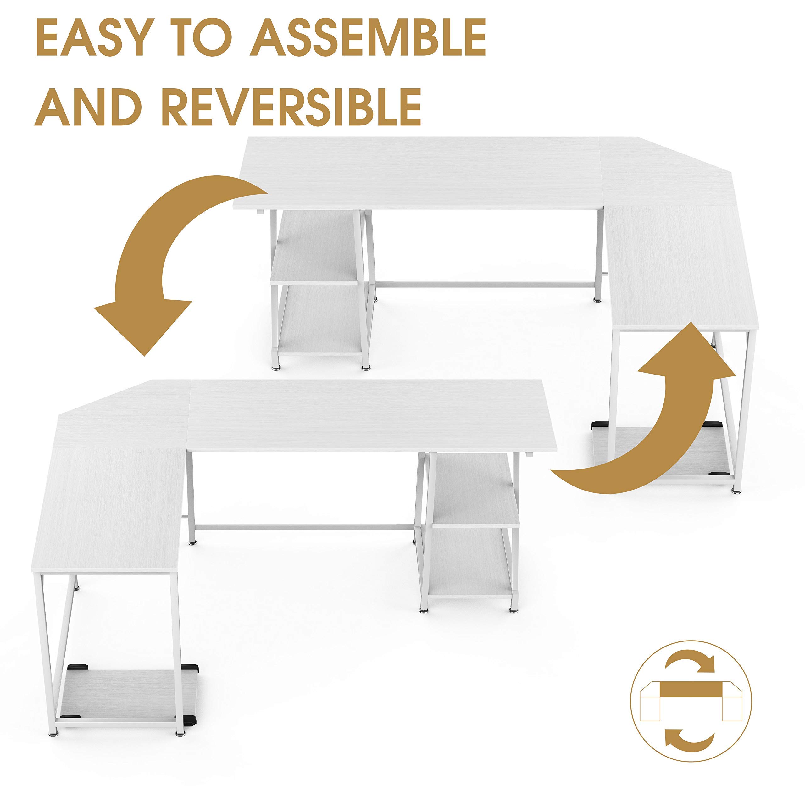 NOXU White L Shaped Desk with Shelves - Large Modern 66''x47''x29.5'' (LxWxH) - Reversible L Shaped Gaming Desk for Home or Office - Safe and Sturdy Computer Desk with Storage - Corner Desk Table