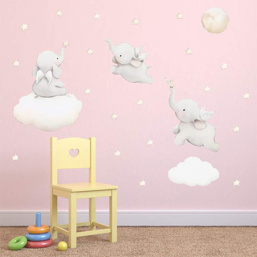 MASCARE Flying Elephant Wall Decal Animal with Cloud Moon Star Wall Sticker Dumbo Wall Art Decor for Kids Bedroom Baby Nursery Removable Home Background Decoration