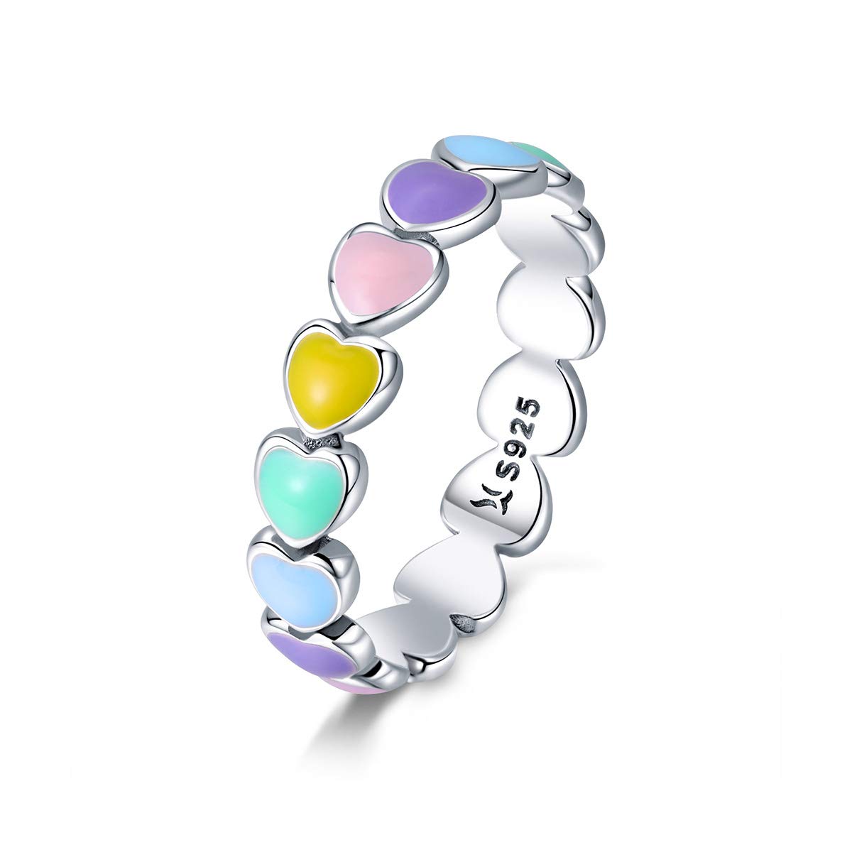 RUKYF 925 Sterling Silver Rainbow Heart Rings for Women Teen Girls Hypoallergenic Dainty Colorful Heart Finger Rings Promise Ring for Her Birthday Valentine's Day Gifts Size5